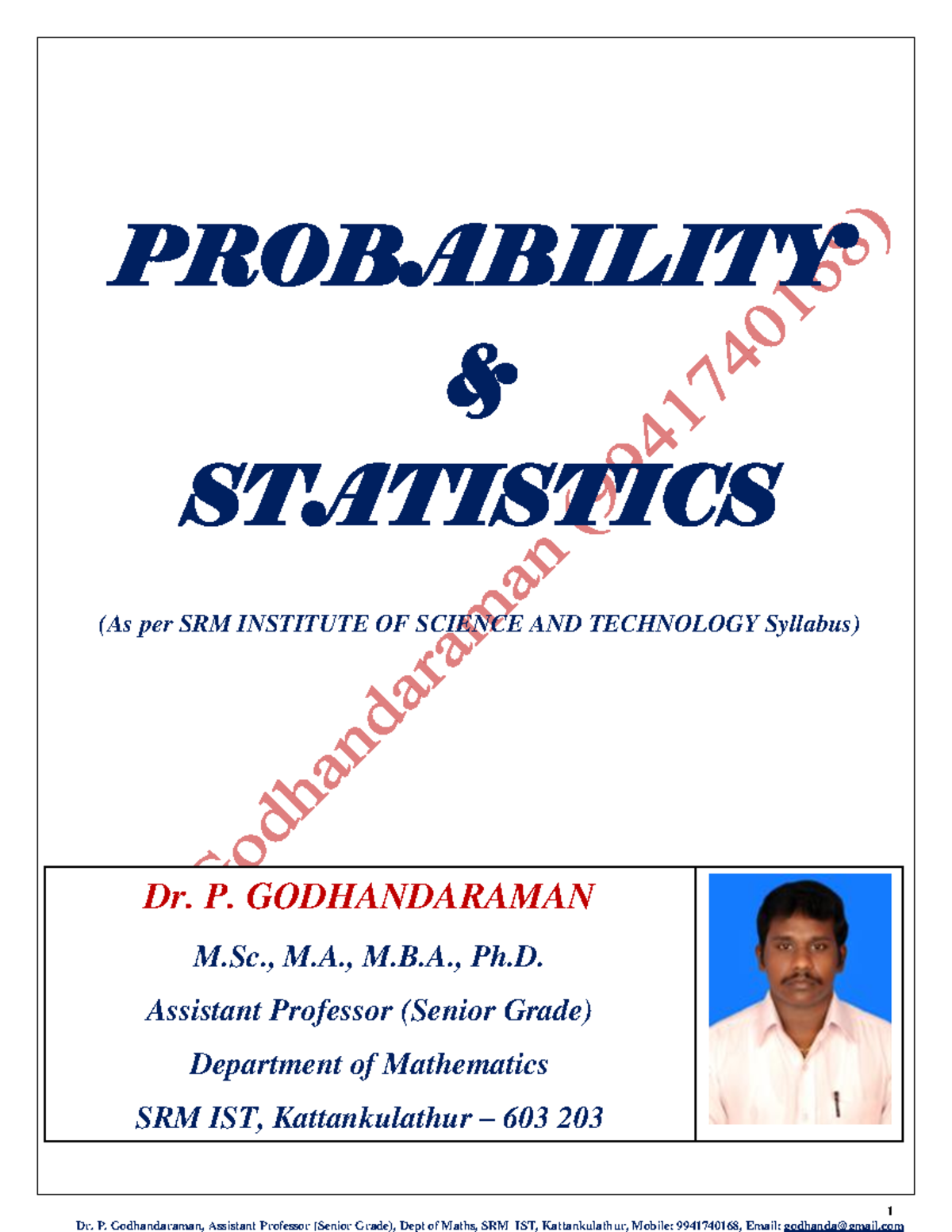 Unit4&5 - nm. - 1 PROBABILITY & STATISTICS (As per SRM INSTITUTE OF ...