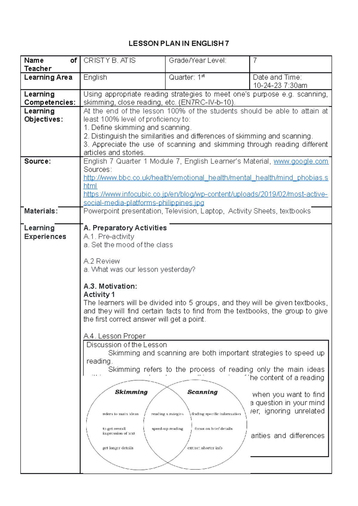 Lesson Plan - Grade 7: Skimming & Scanning Strategies - Studocu