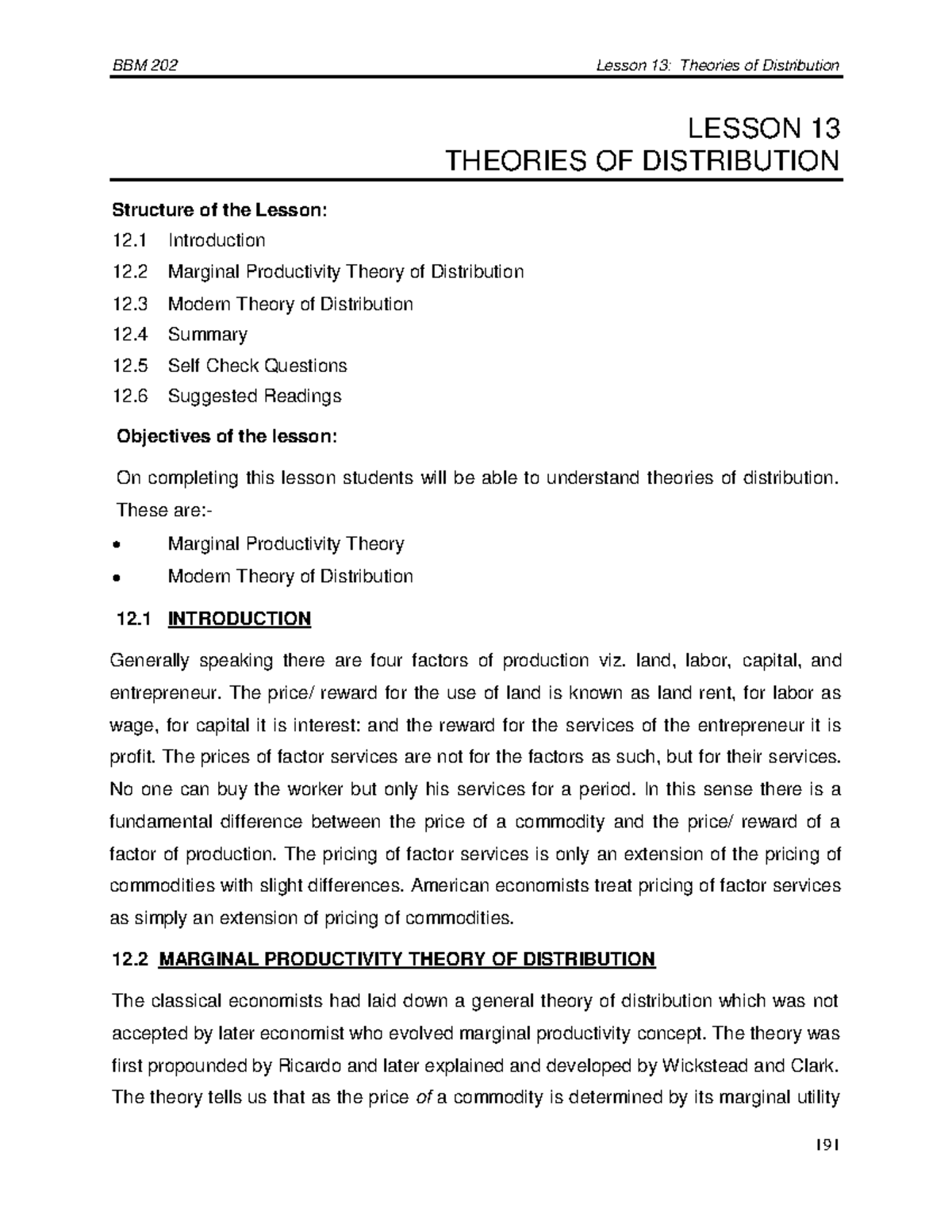 L 13 - LESSON 13 THEORIES OF DISTRIBUTION - LESSON 13 THEORIES OF ...
