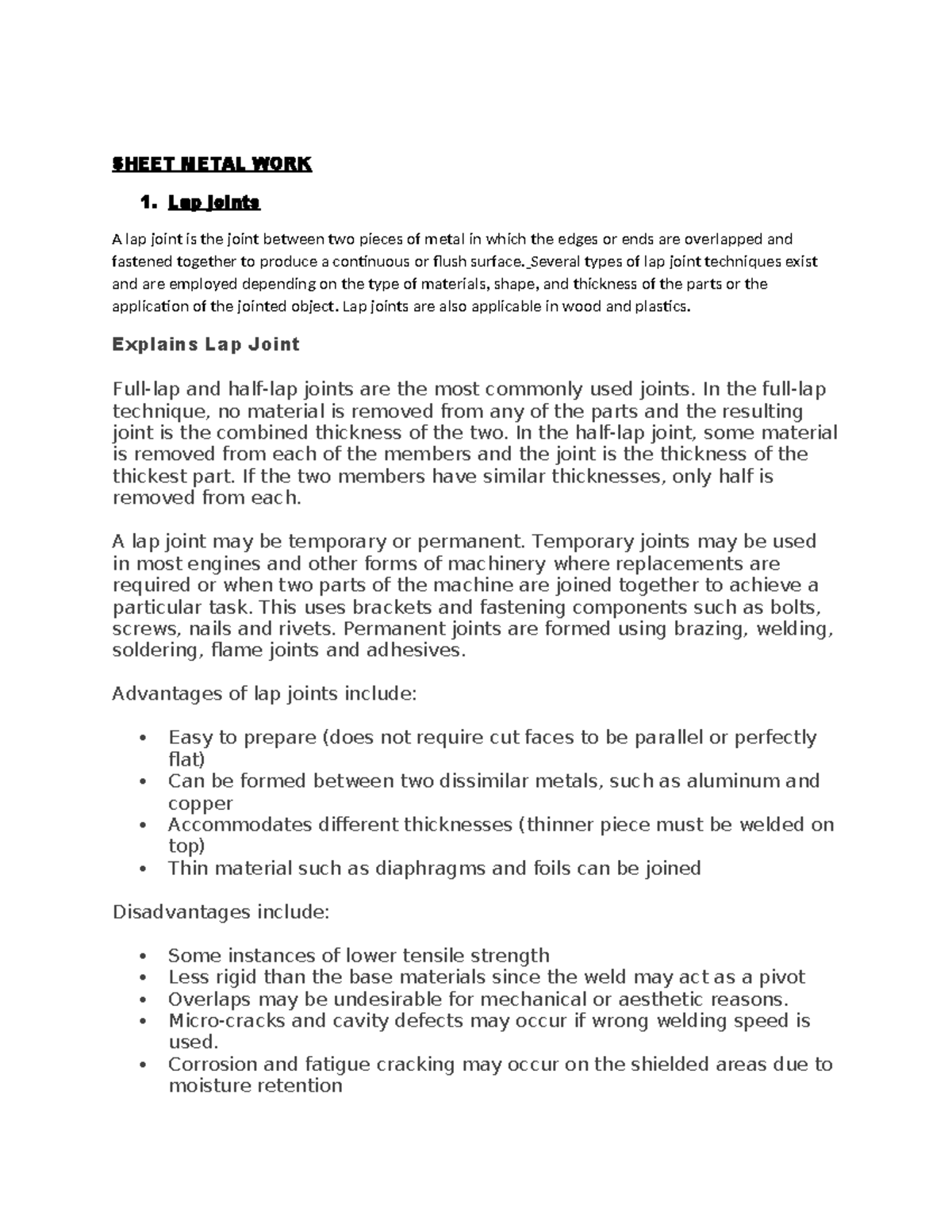 Sheet Metal Work - Lap Joints Revision Notes - Studeersnel