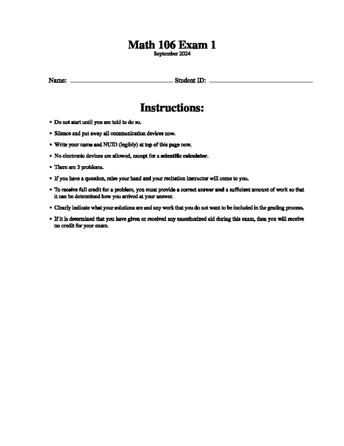 Math 106 Fall 2024 Exam 1 Written Instructions and Problems - Studocu