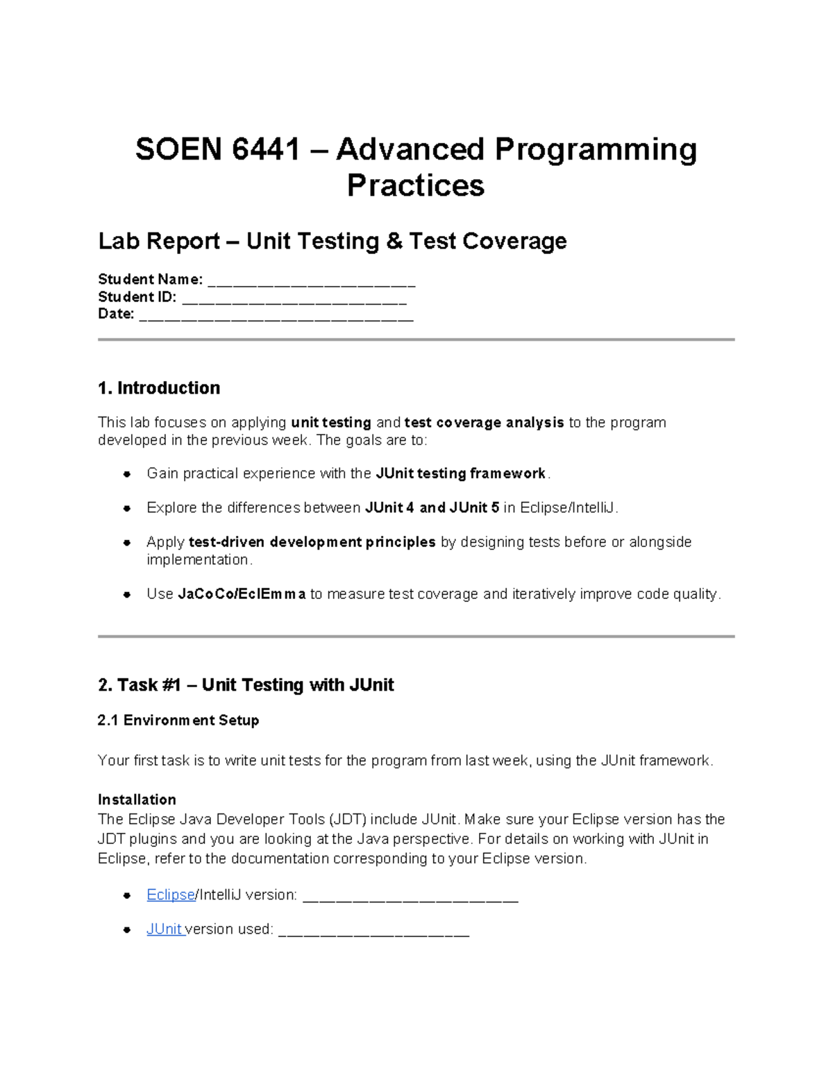 SOEN 6441 Lab Report 02: Unit Testing & Test Coverage Analysis - Studocu