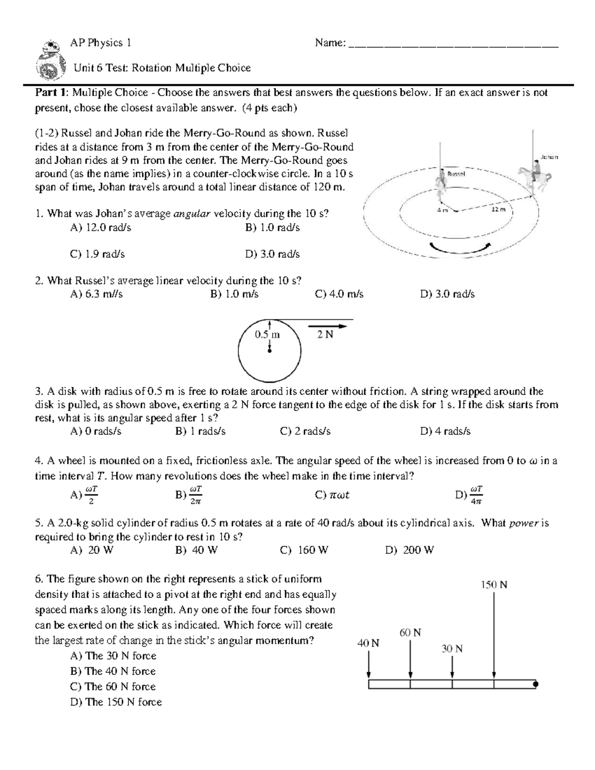 AP Physics 1: Unit 6 Practice Test on Rotation & Angular Momentum - Studocu