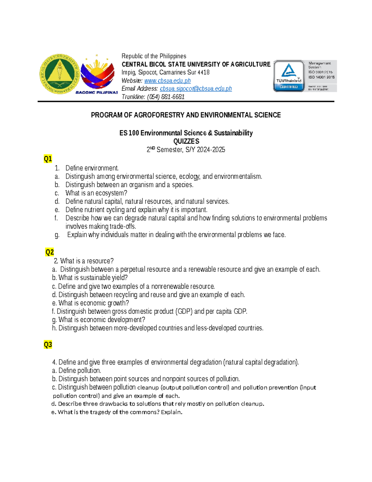 ES 100 Environmental Science Quizzes - 2nd Semester Review - Studocu