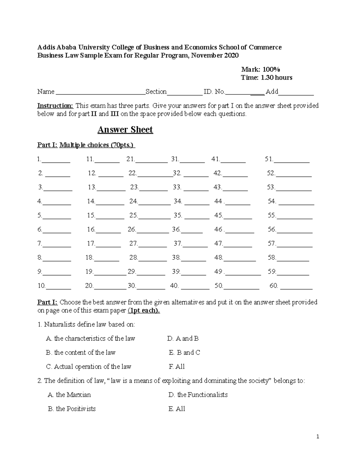 Business Law Sample Exam November 2020 - Regular Program - Studocu