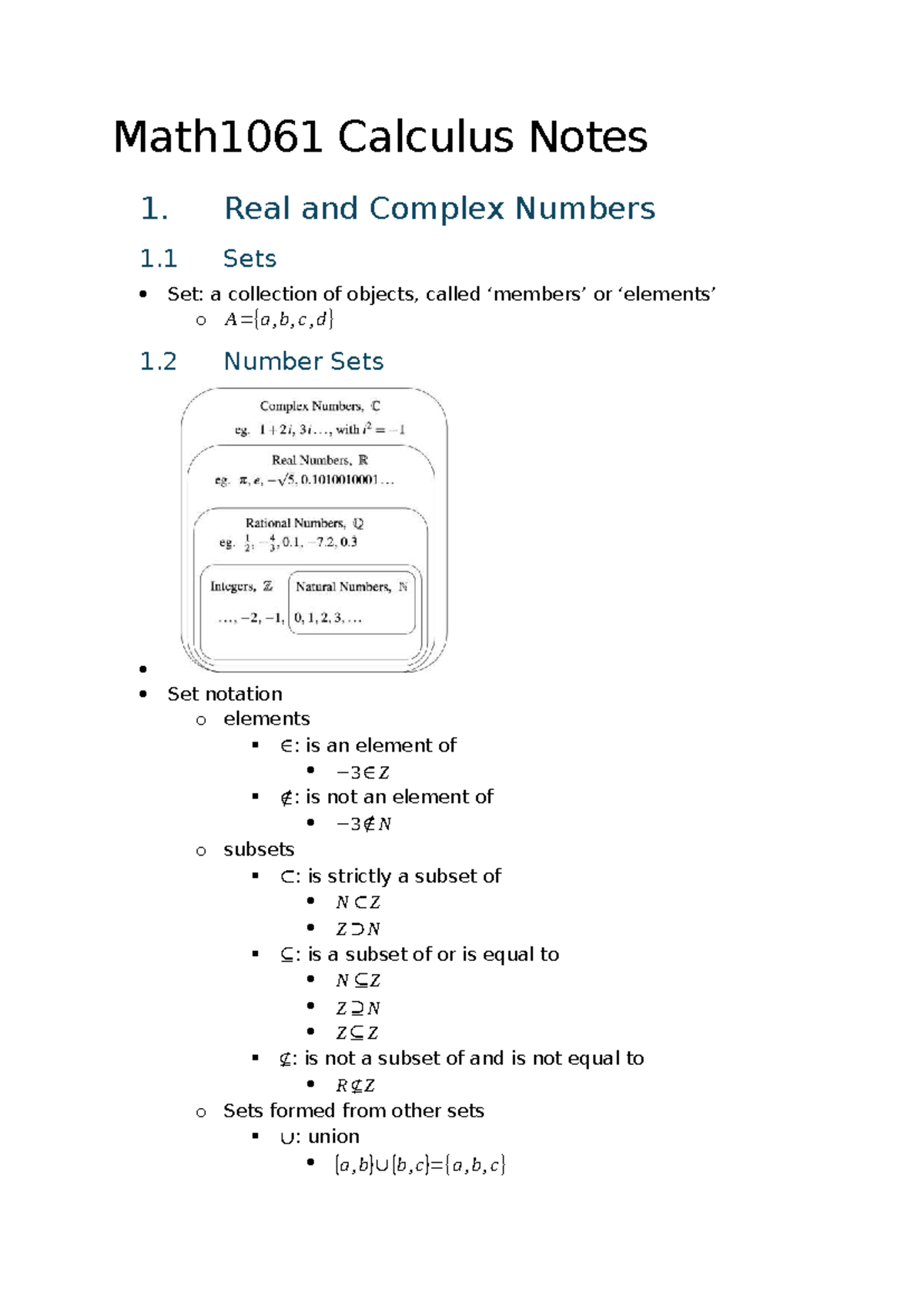 Math1061 Final Exam Notes: Real & Complex Numbers Overview - Studocu