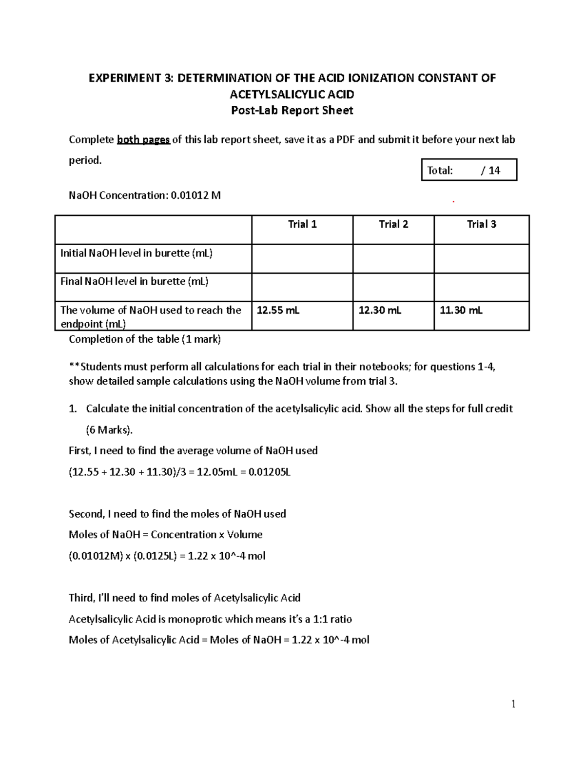 Experiment 3 Post-Lab Report: Acid Ionization Constant of ASA - Studocu