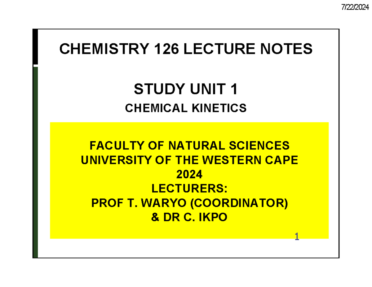 CHEM 126 Study Unit 1: Chemical Kinetics Lecture Notes - Studocu