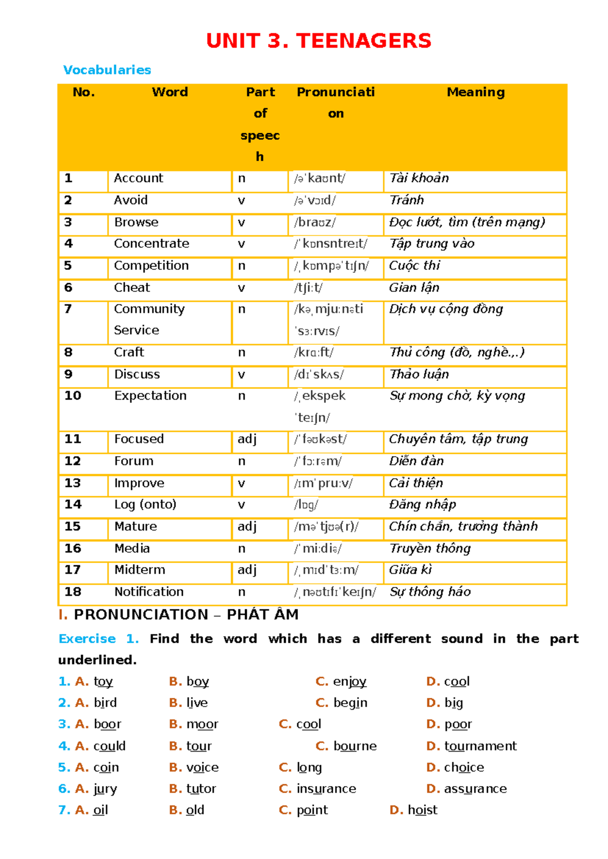 Unit 3 Teenagers Vocabulary Pronunciation Exercises Studocu