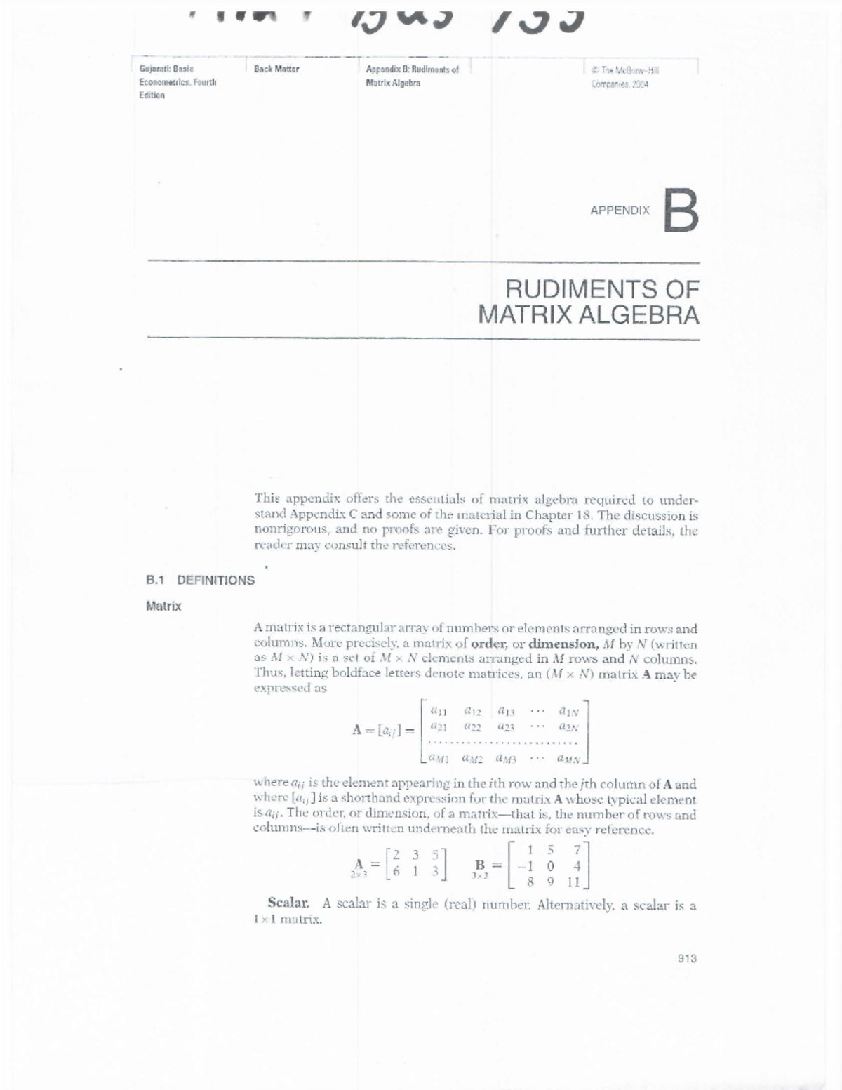 Matrix Algebra 2: Appendix B - Rudiments of Matrix Algebra - Studocu