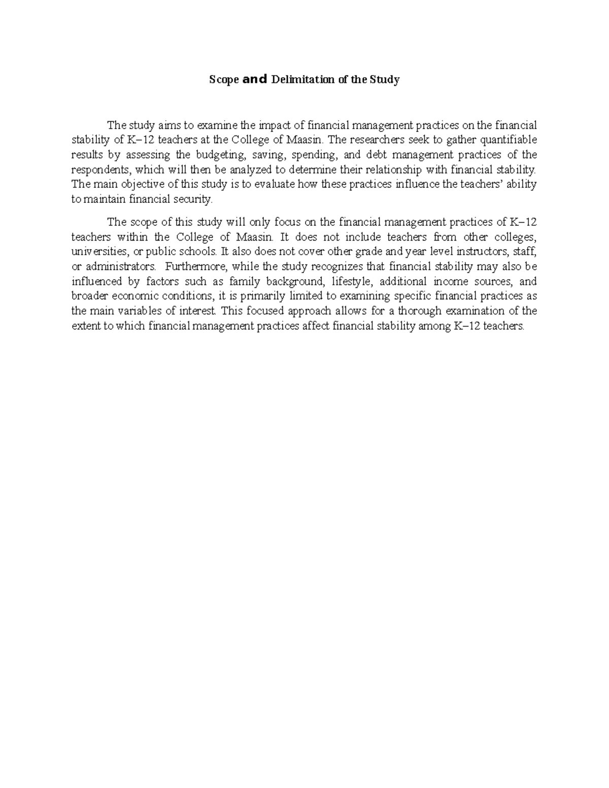 Scope & Delimitation: Financial Management Impact on Teachers ...