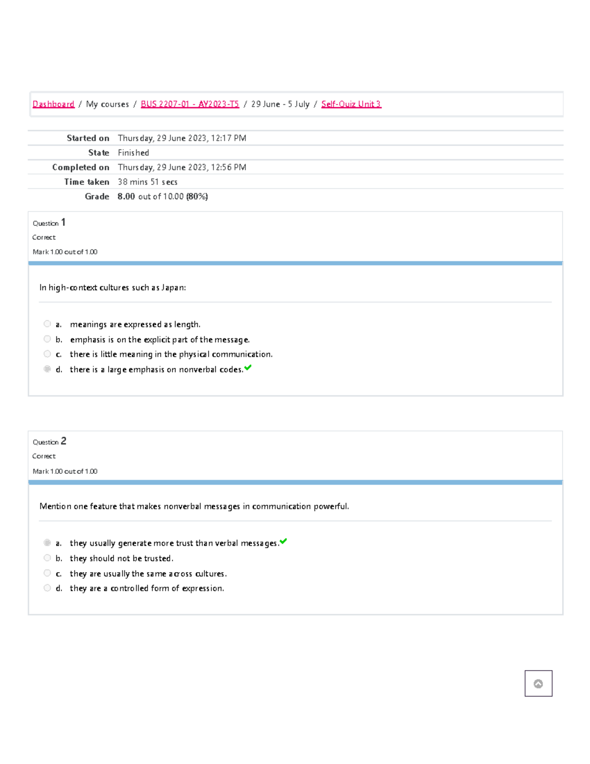 Self-Quiz Unit 3 Review - BUS 2207: Results & Analysis - Studocu