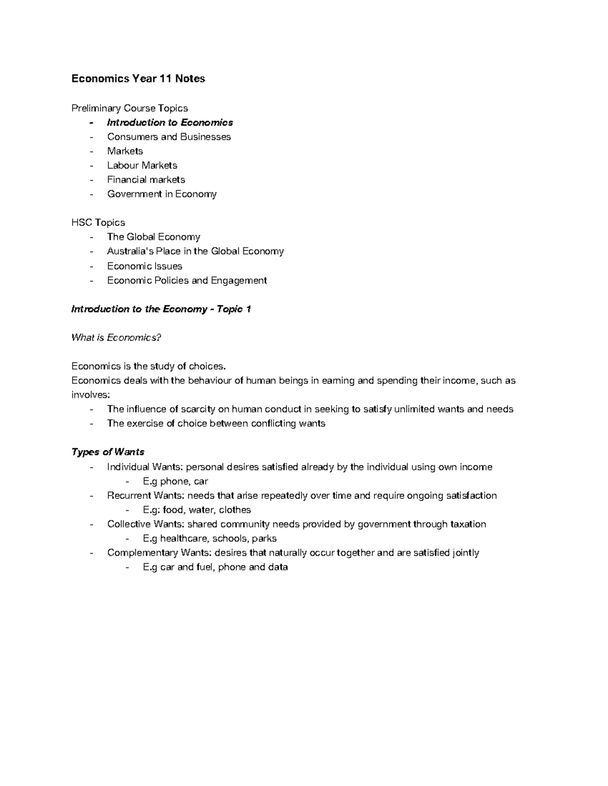 Economics Year 11 Preliminary Course Notes: Introduction to Key ...