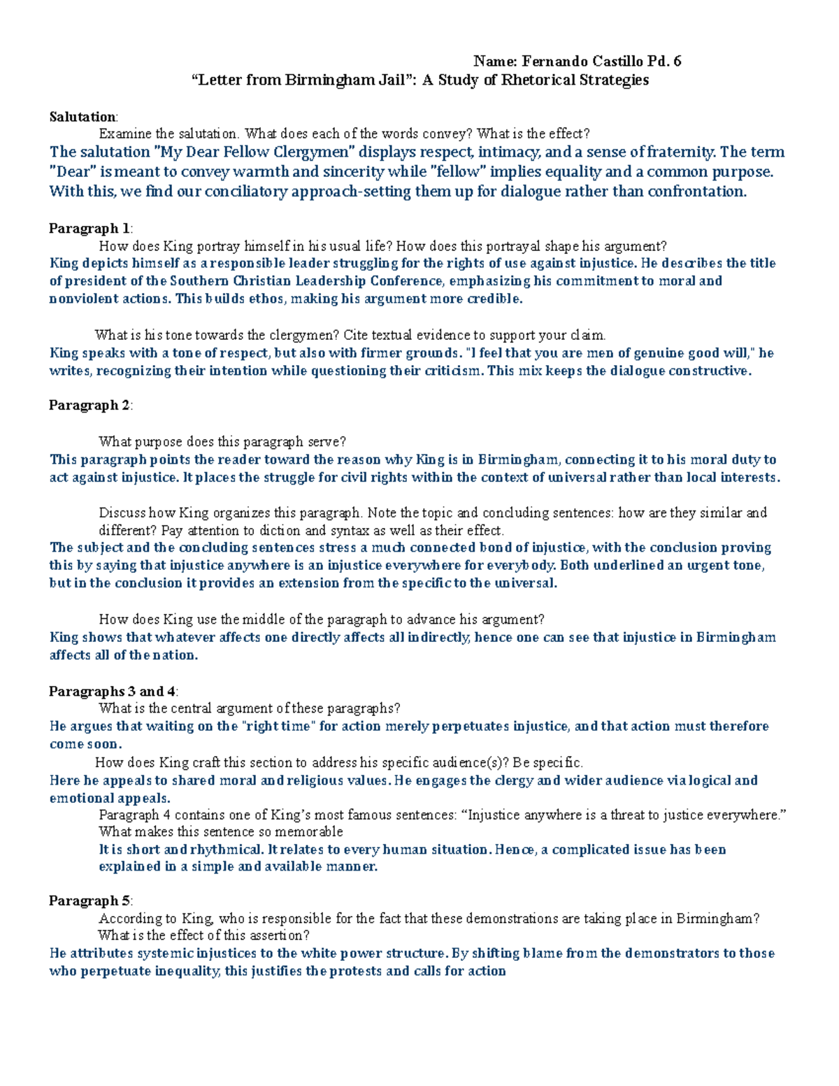 Worksheet Letter from Birmingham Jail (1) (1) - Name: Fernando Castillo ...