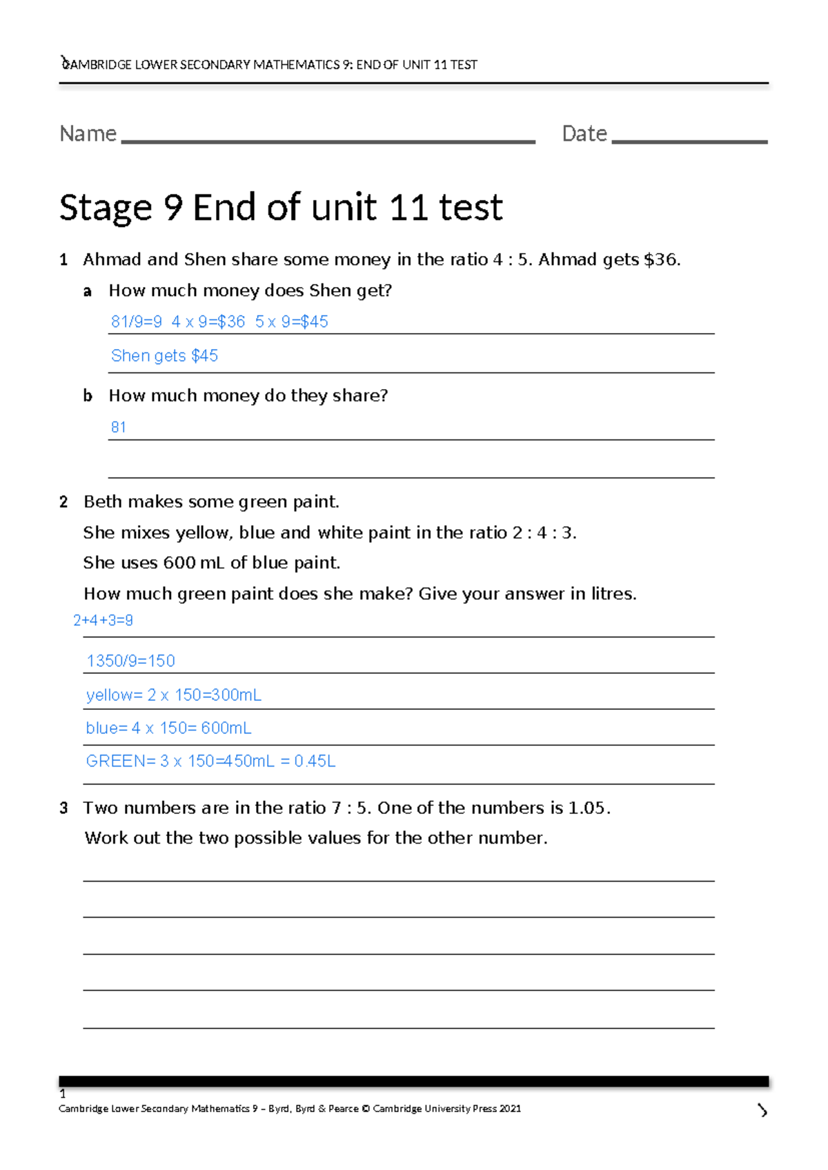 CAMBRIDGE LOWER SECONDARY MATHEMATICS 9: UNIT 11 TEST - Studocu