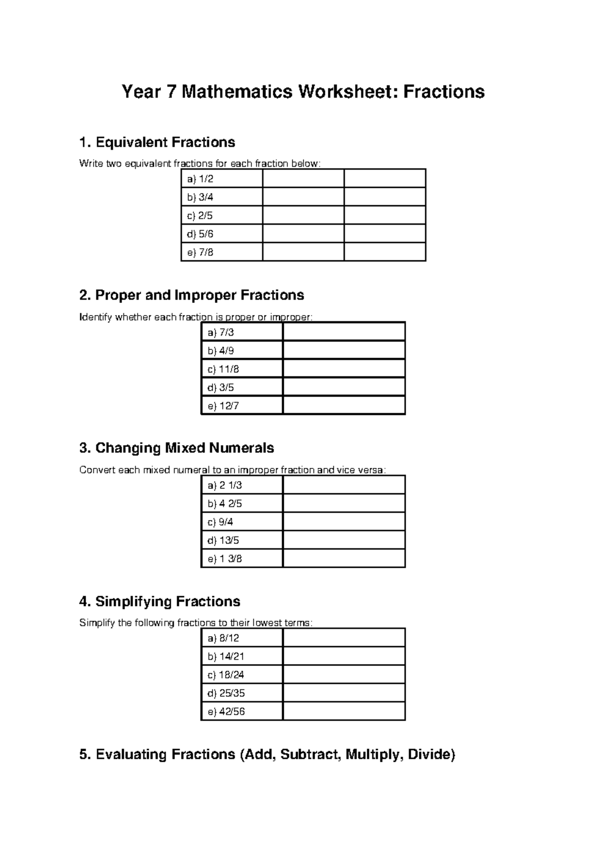 Year 7 Math Worksheet: Fractions & Operations (FDP) - Studocu
