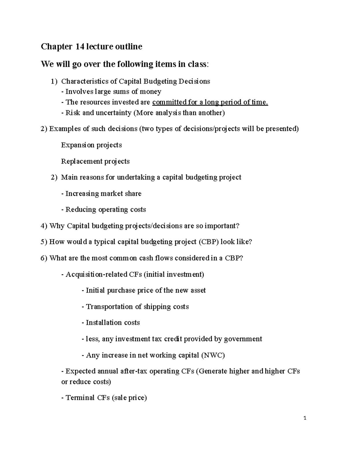 Chapter 14 lecture outline: Capital budgeting decisions and NPV ...