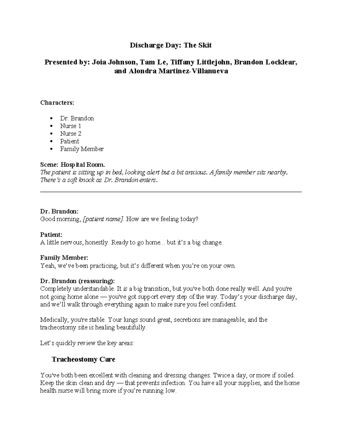 Discharge Day Skit: Patient Care Instructions & Support - Studocu