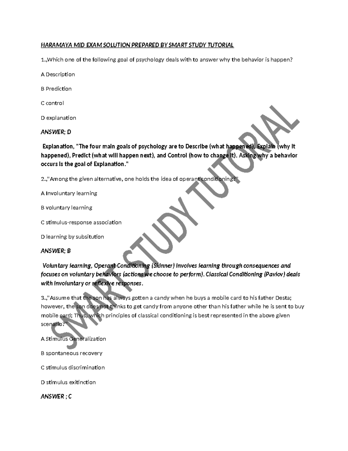 HARAMAYA PSYCHOLOGY MID EXAM SOLUTIONS & EXPLANATIONS - Studocu