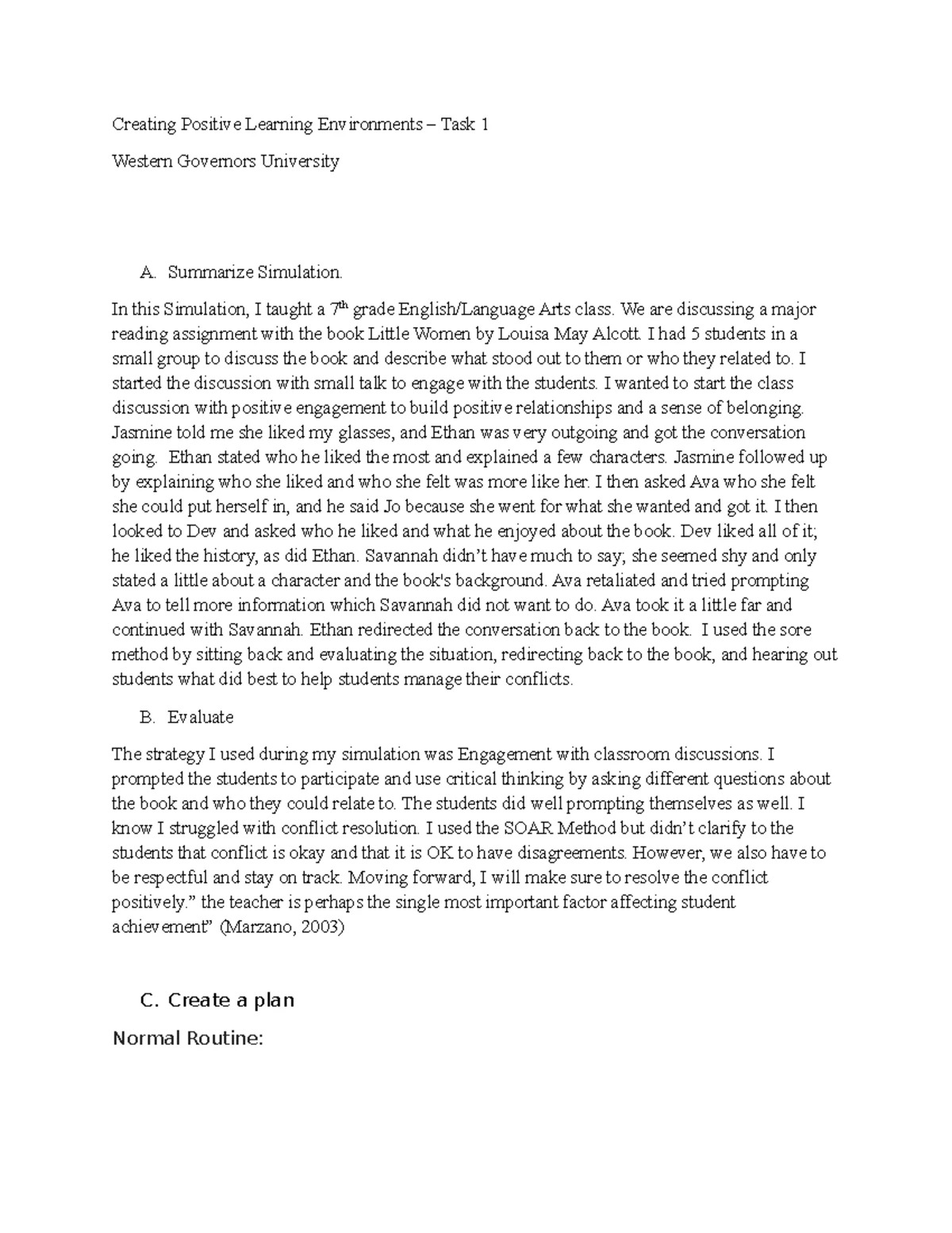 D661-Mursion Task: Strategies for Positive Learning Environments - Studocu