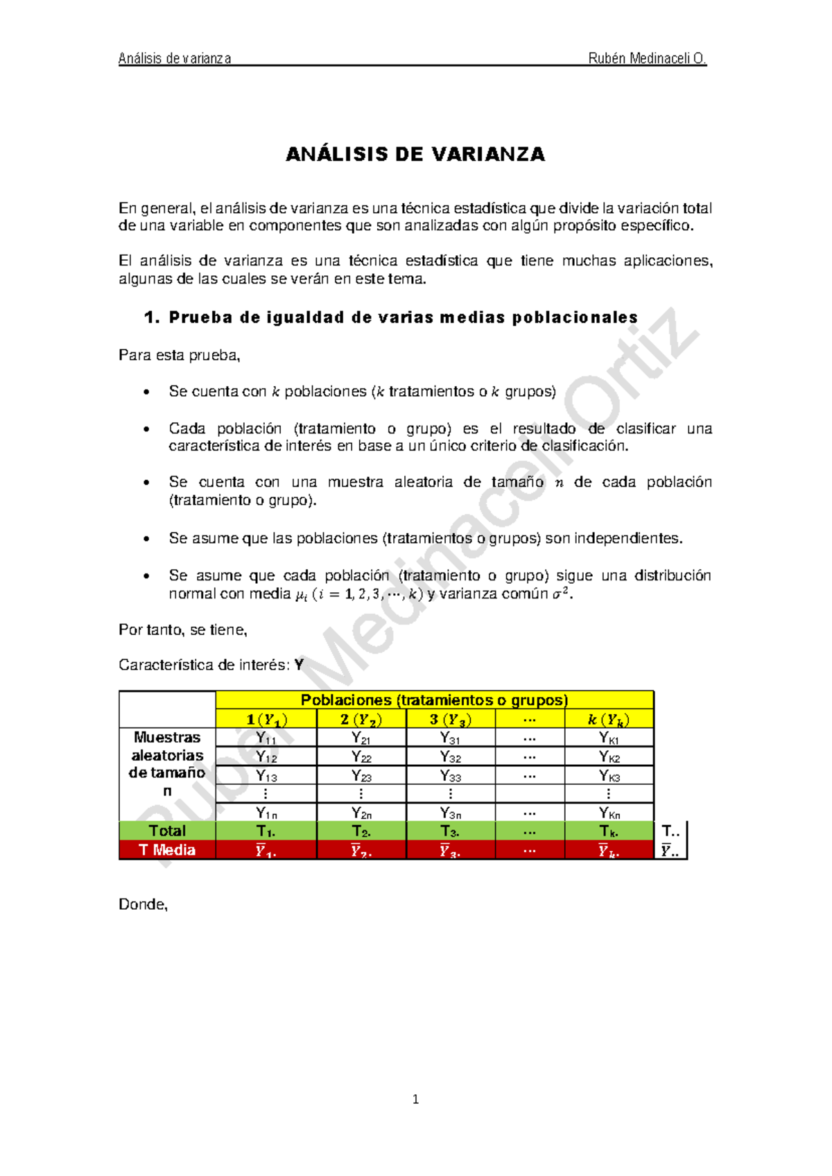 T7 Análisis DE Varianza - ANÁLISIS DE VARIANZA En general, el análisis de varianza es una ...