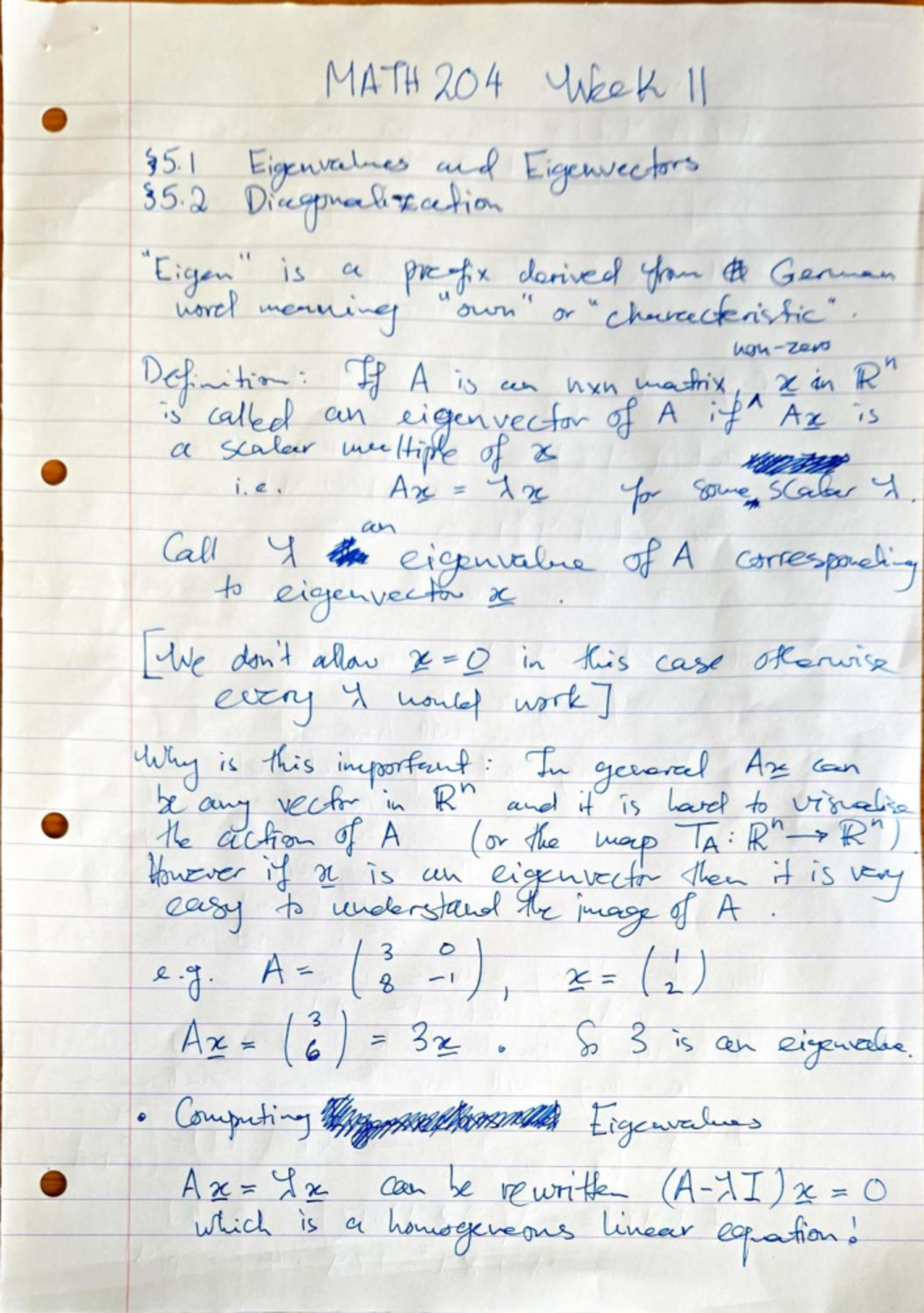 MATH 204 Week 11 Lecture Notes: Eigenvalues & Eigenvectors - Studocu