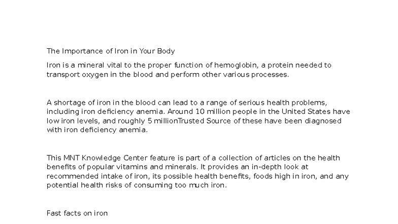 MNT 101: The Essential Role of Iron in Human Health - Studocu