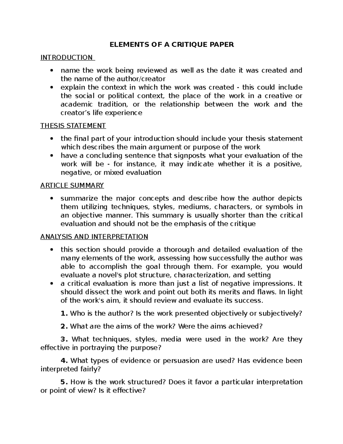 ENG 101: Elements of a Critique Paper Guide - Studocu