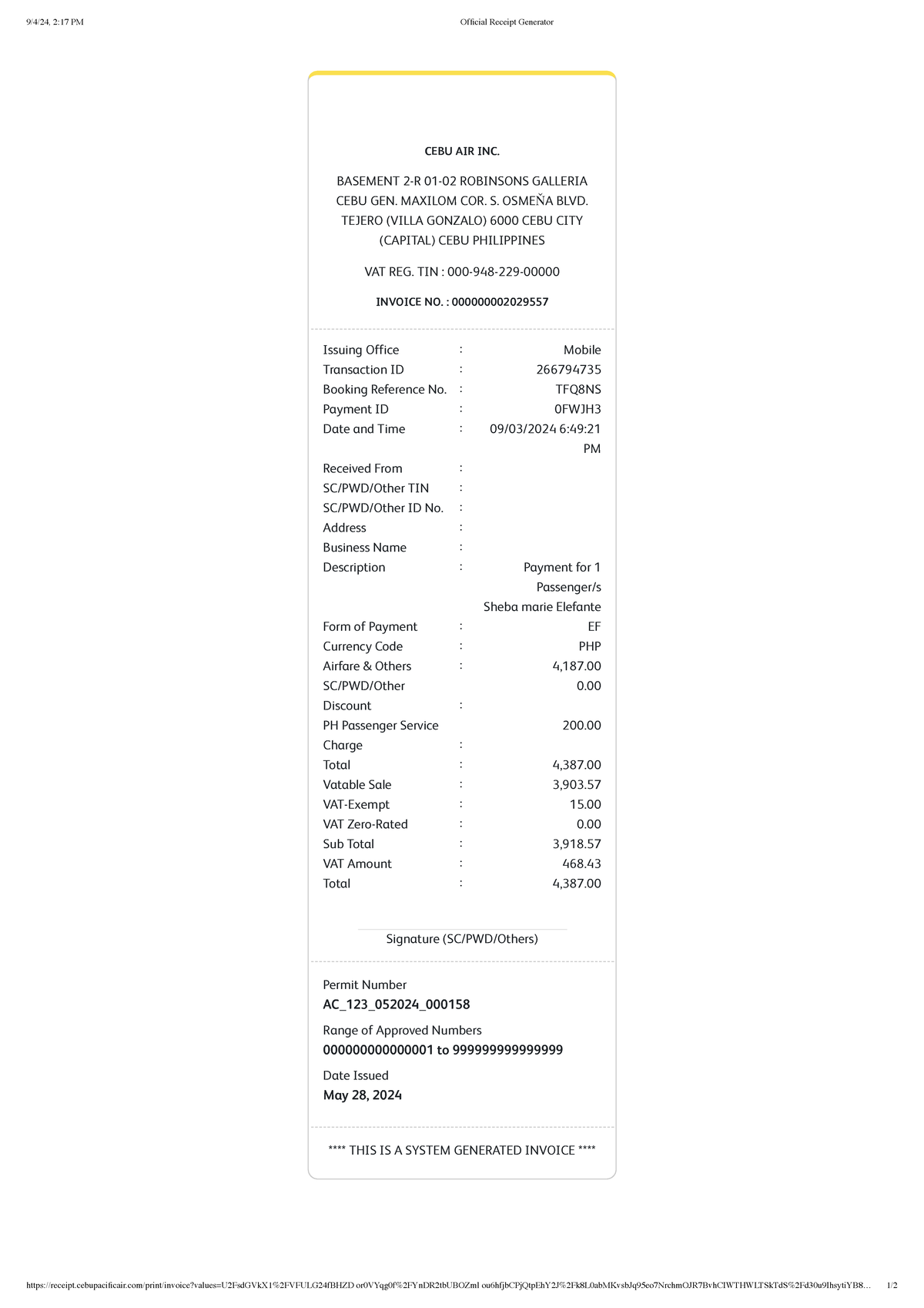Cebu Air Inc. Official Receipt Generator - Invoice No. 000000002029557 ...