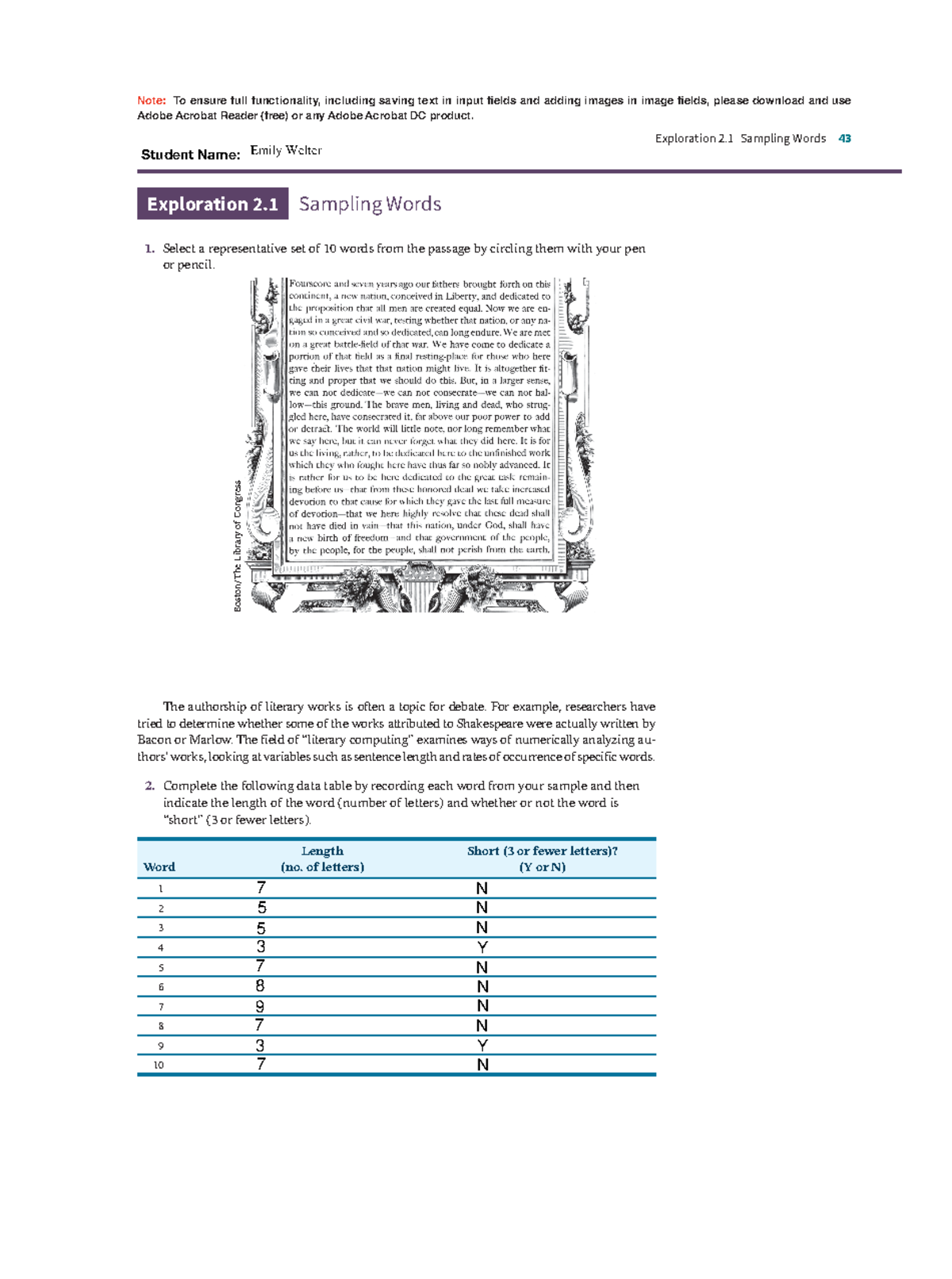 Exploration 2 - Sampling Words from Gettysburg Address Analysis - Studocu