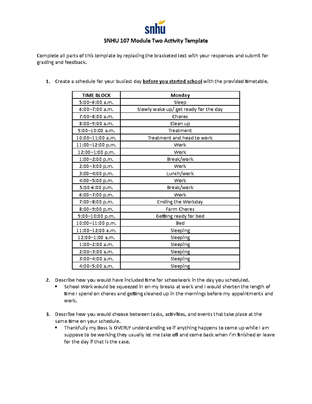 SNHU 107 Module Two Activity - Create a schedule for your busiest day ...