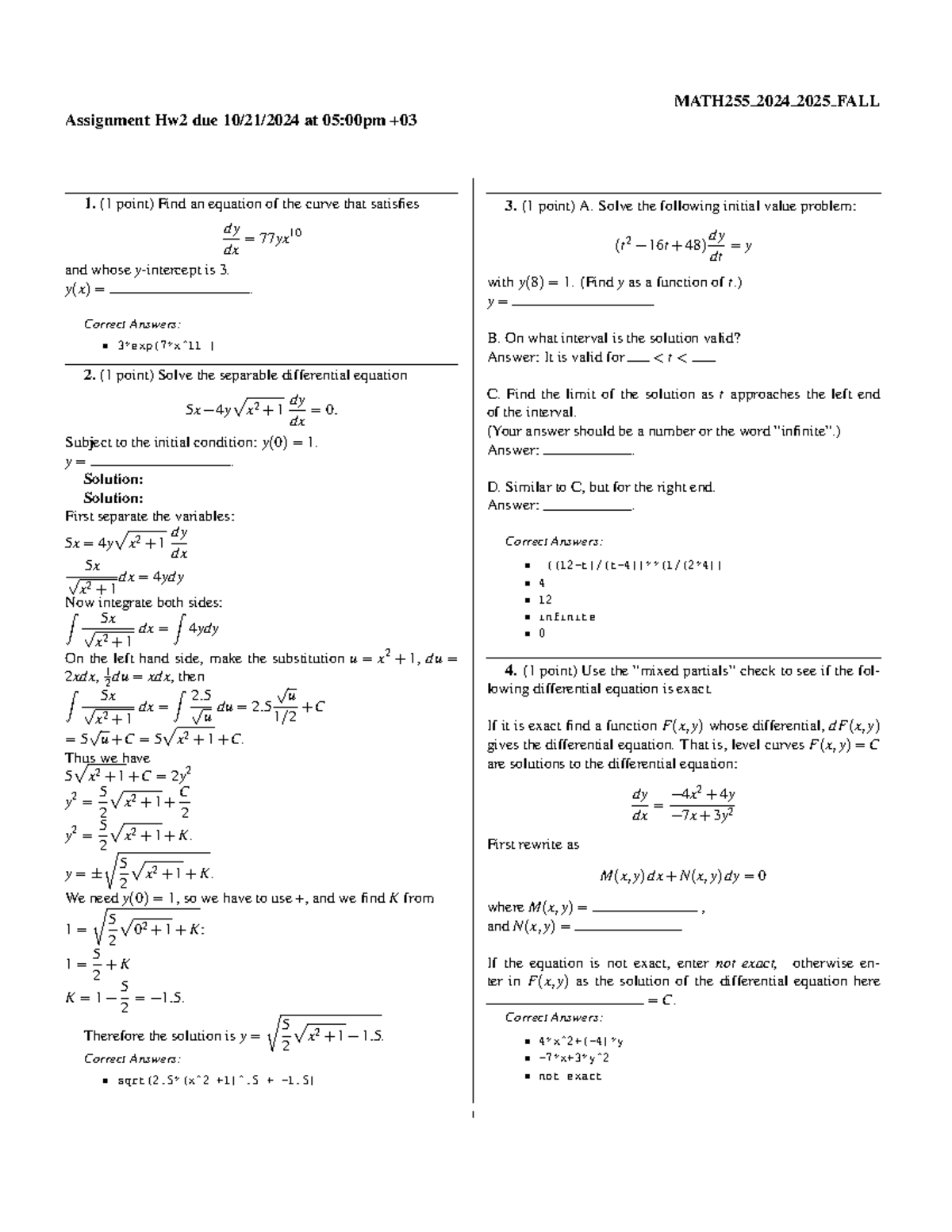 MATH255 Fall 2024 Assignment: Differential Equations and Solutions - Studocu