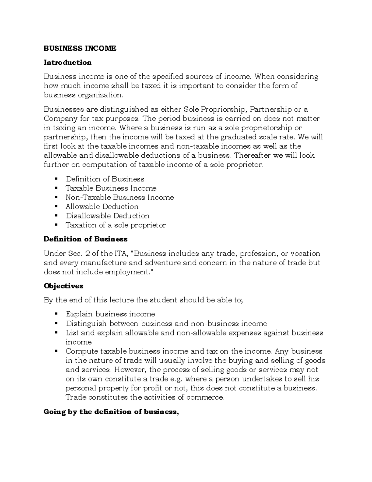 Taxable Business Income Analysis and Computation Guide (Course Code ...