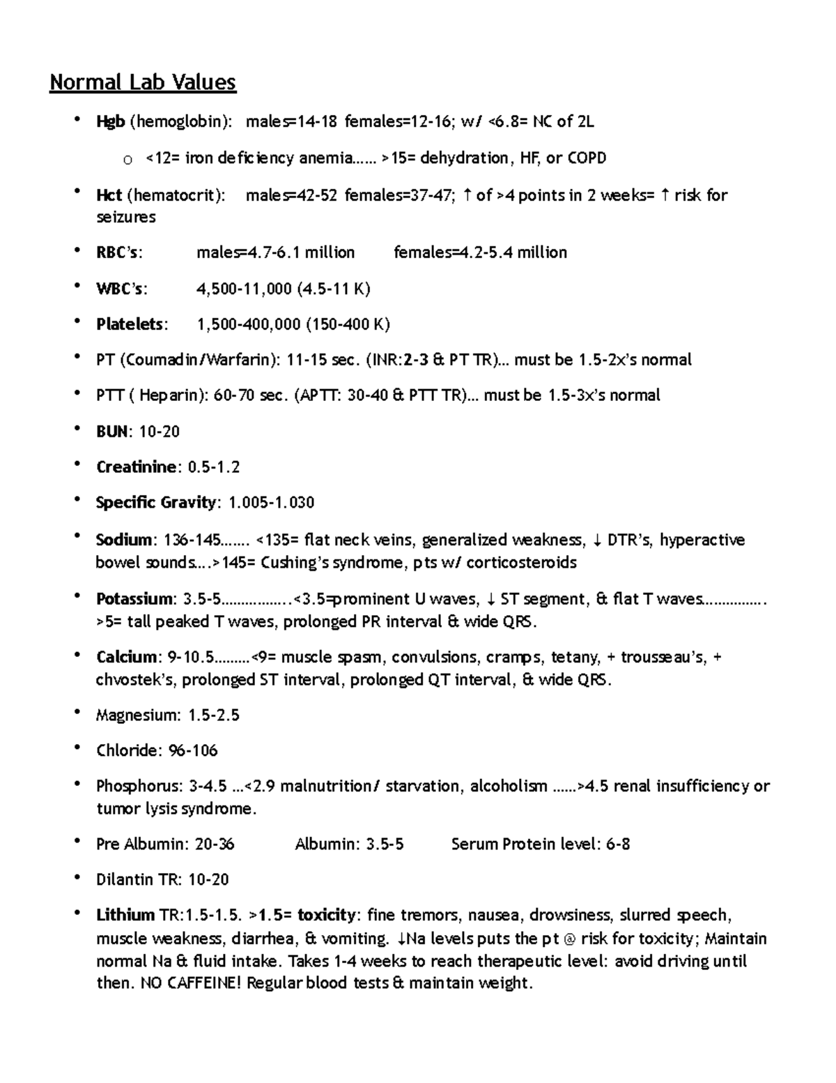 ATI - reviewing for ATI - Normal Lab Values • Hgb (hemoglobin): males ...