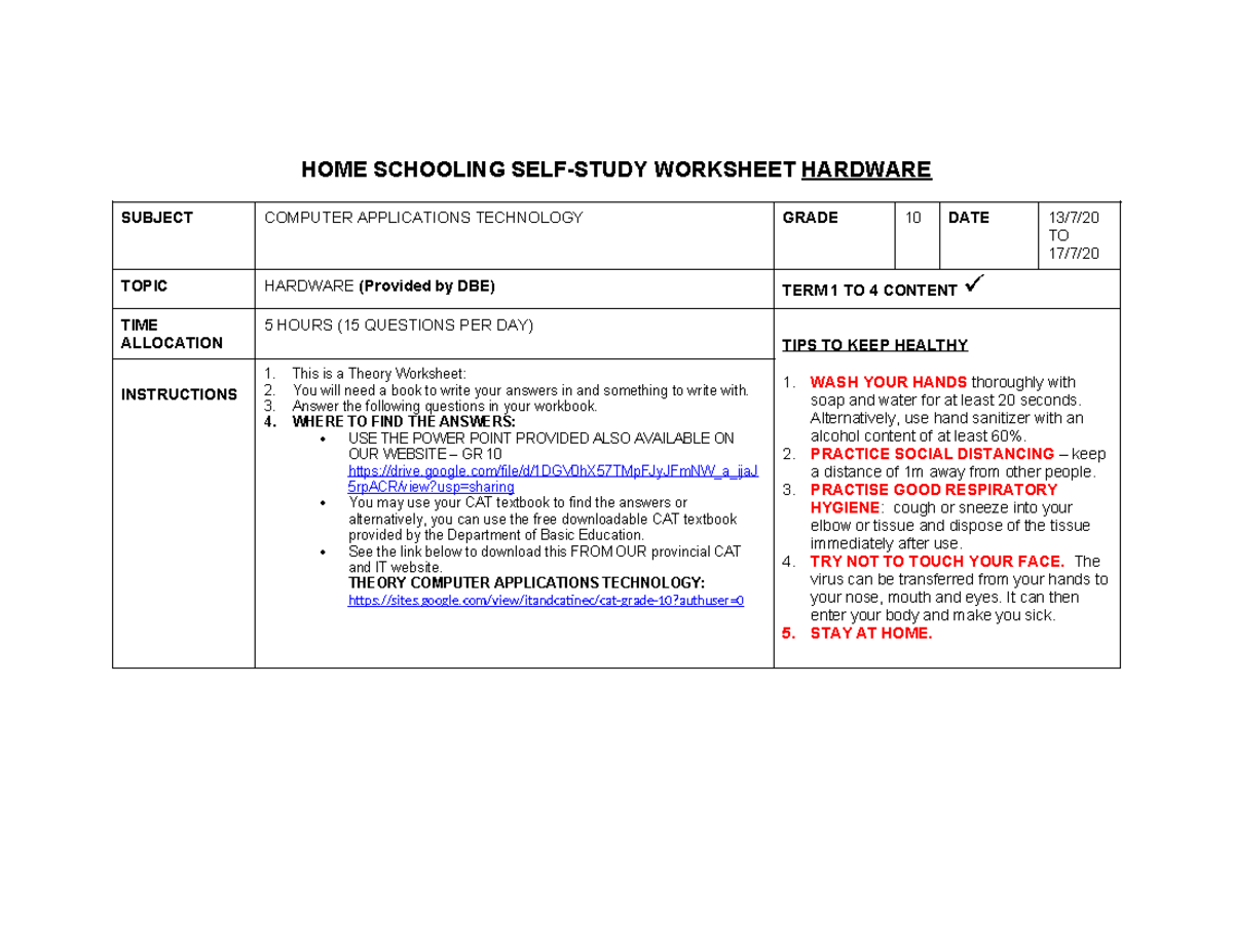 CAT Gr 10 Theory Worksheet: Understanding Computer Hardware - Studocu