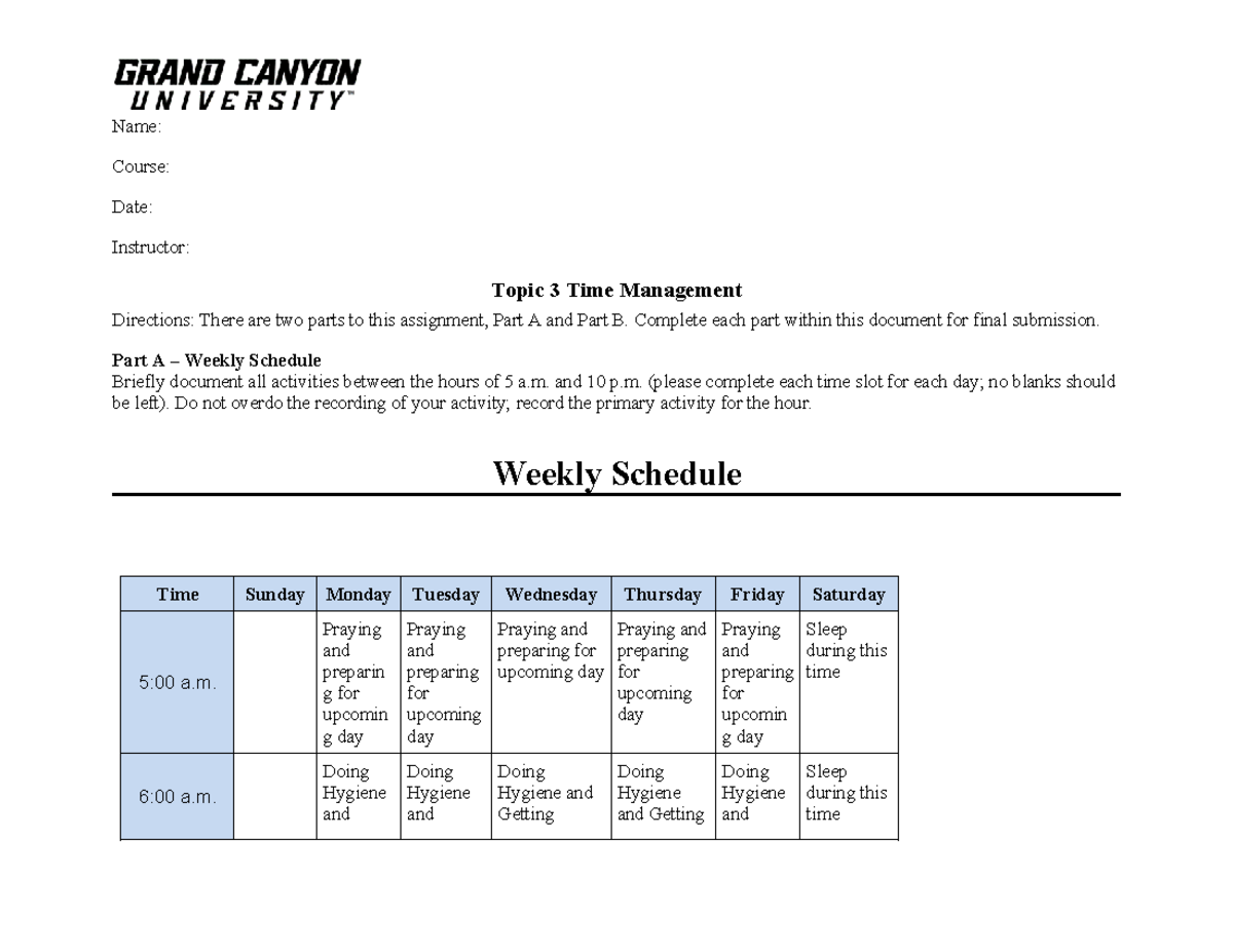 Time Management Assignment: Weekly Schedule & Summary Analysis - Studocu