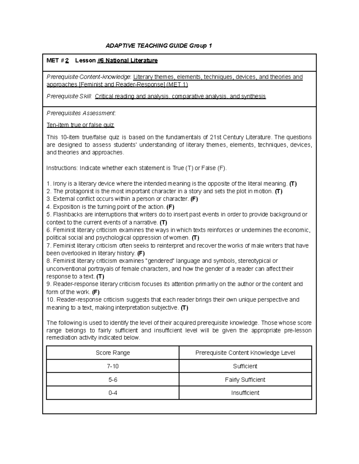 ATG - TEMPLATE - ADAPTIVE TEACHING GUIDE Group 1 MET # 2 Lesson #6 ...