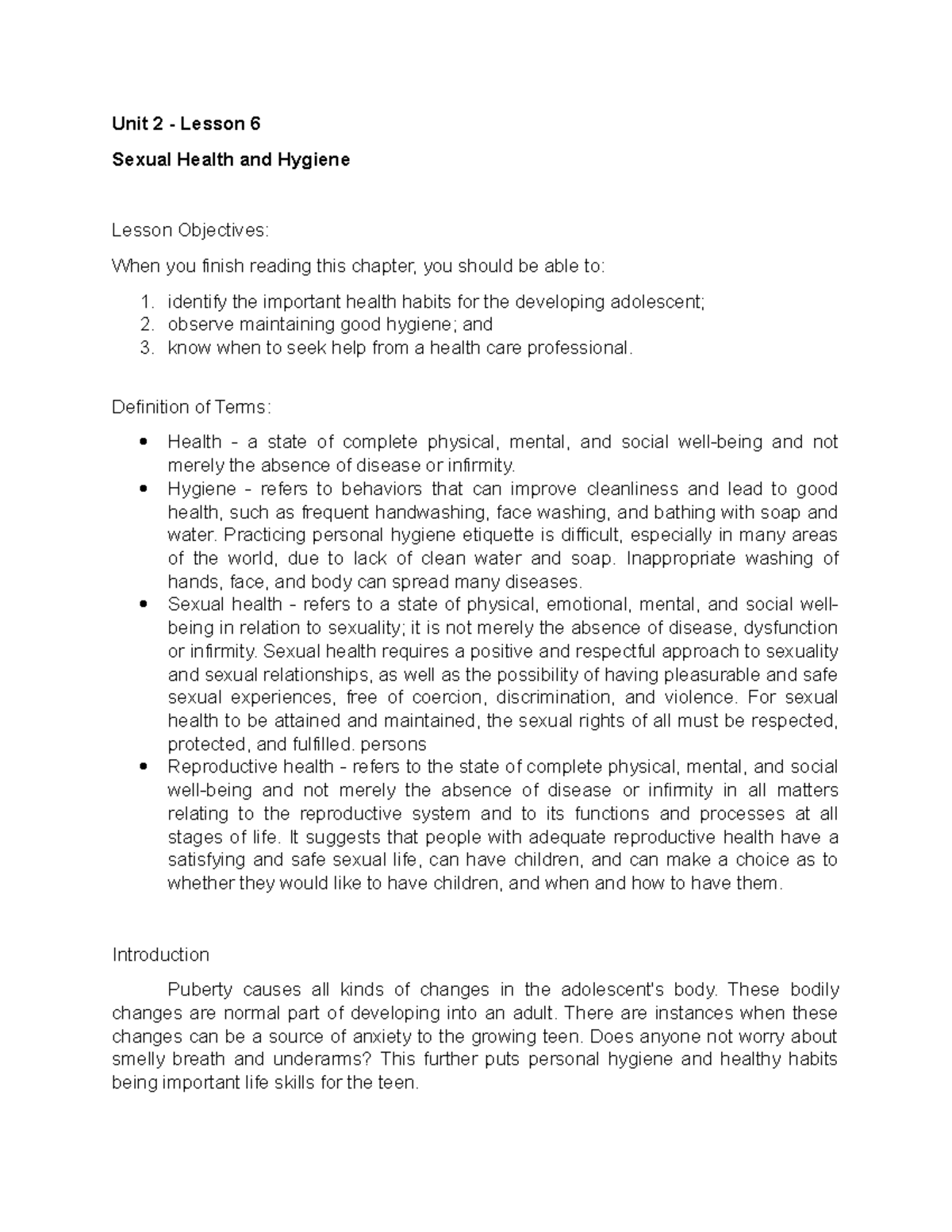 Unit 2 - Lesson 6: Insights on Sexual Health & Hygiene for Teens - Studocu