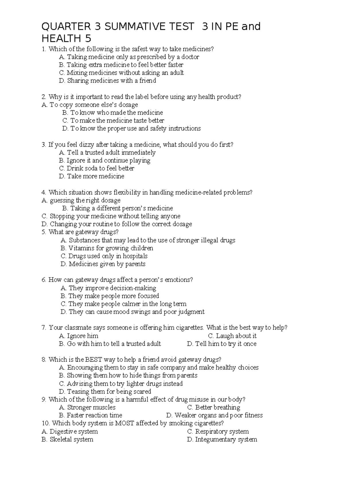 Q3 Summative Test 3 in PE and Health 5: Medicine Safety & Drug ...