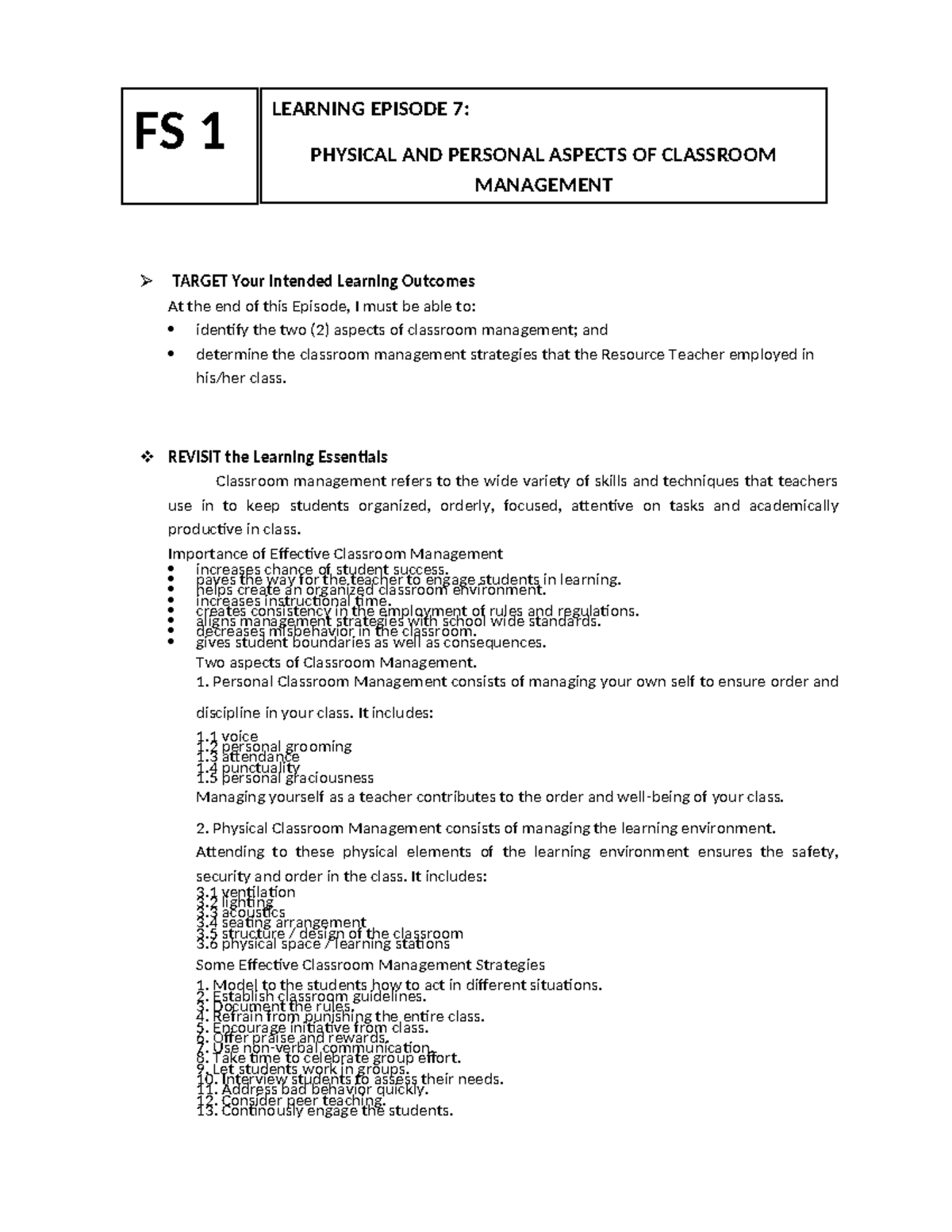 FS 1 - Learning Episode 7: Classroom Management Strategies and Aspects ...