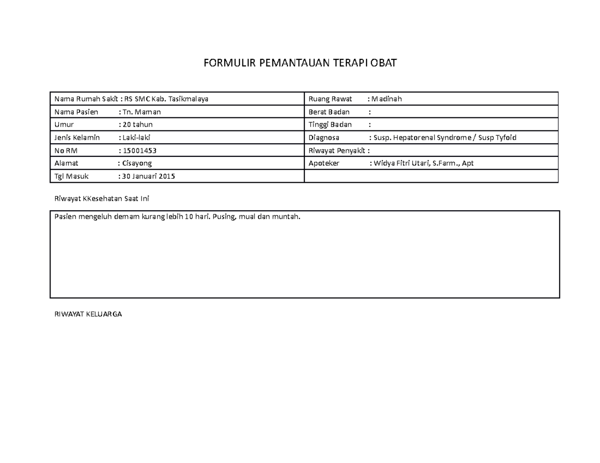 Formulir Pemantauan Terapi Obat untuk Pasien di RS SMC Kab. Tasikmalaya ...