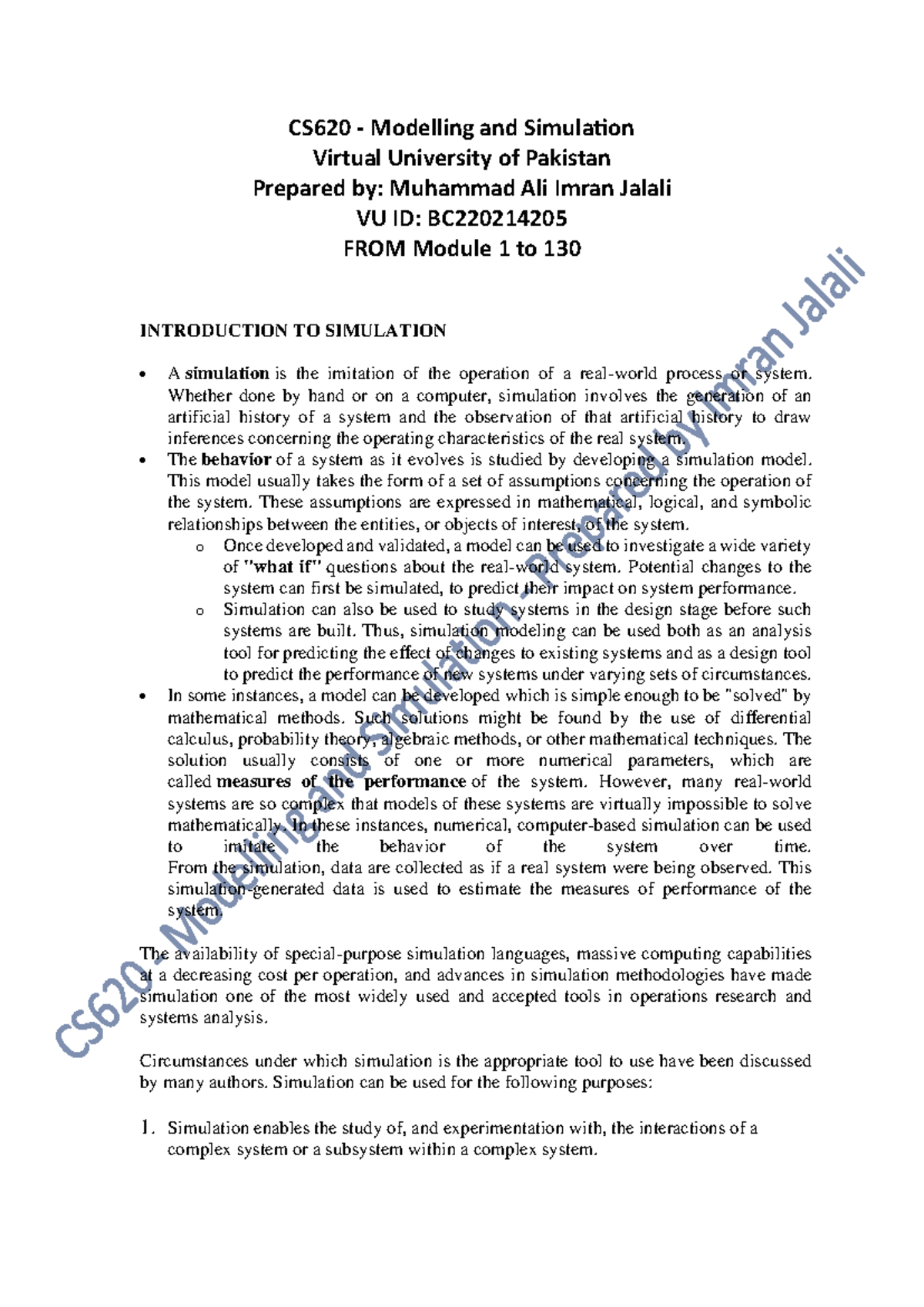 CS620 Modelling and Simulation - Midterm Exam Notes - Studocu