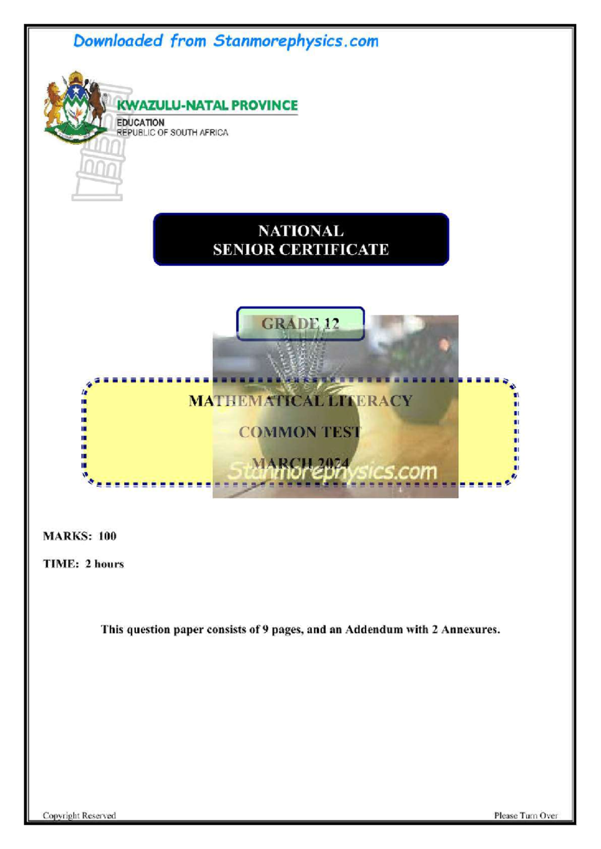 KZN Maths Literacy G12 March 2024 Common Test QP & Memo Analysis - Studocu