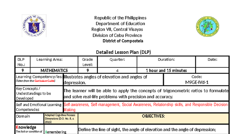 Detailed Lesson Plan (DLP) for M9: Angles of Elevation & Depression ...
