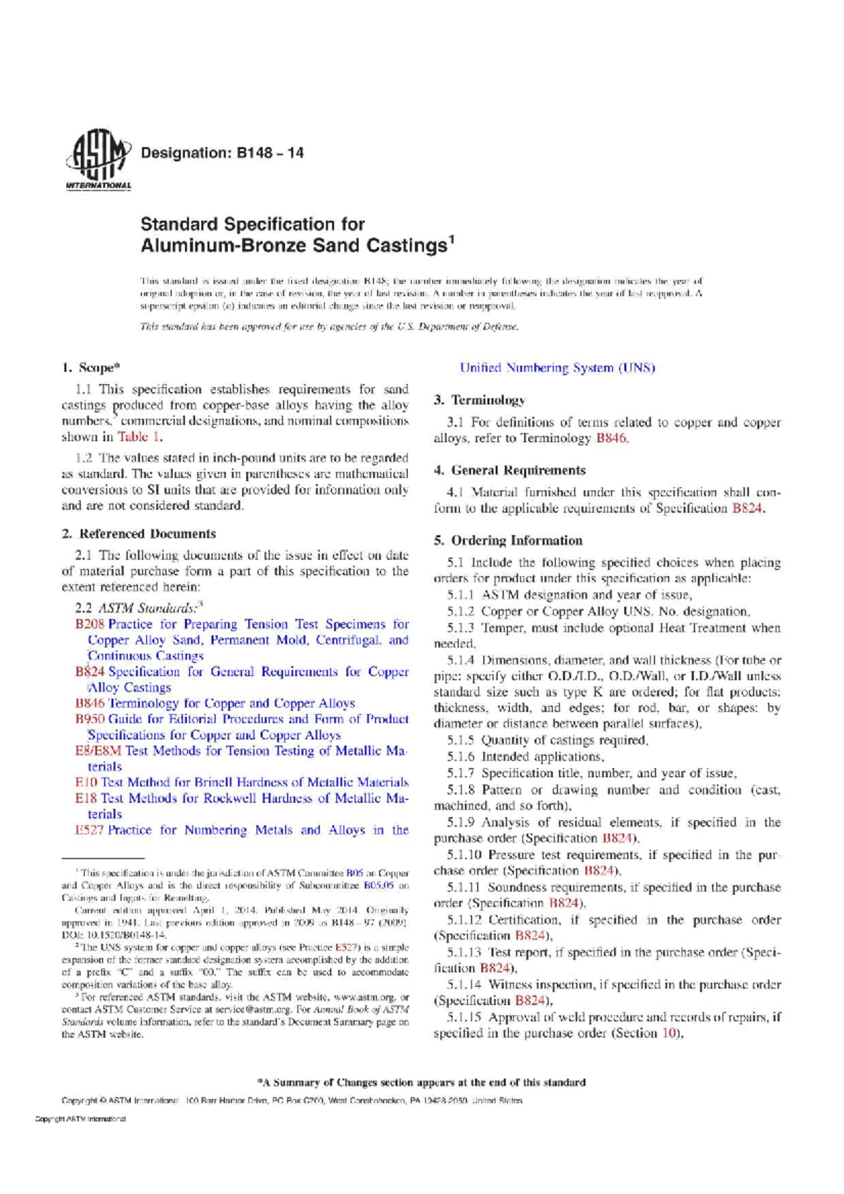 ASTM B148-14 Standard Specification for Sand Castings of Copper Alloys ...