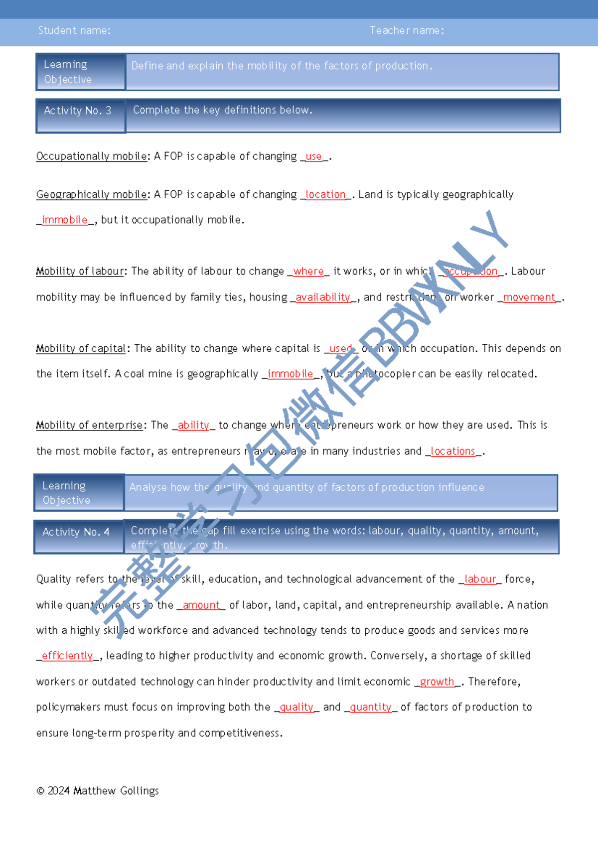 02 - Factors of Production - Economics Worksheet 4: Mobility & Impact ...