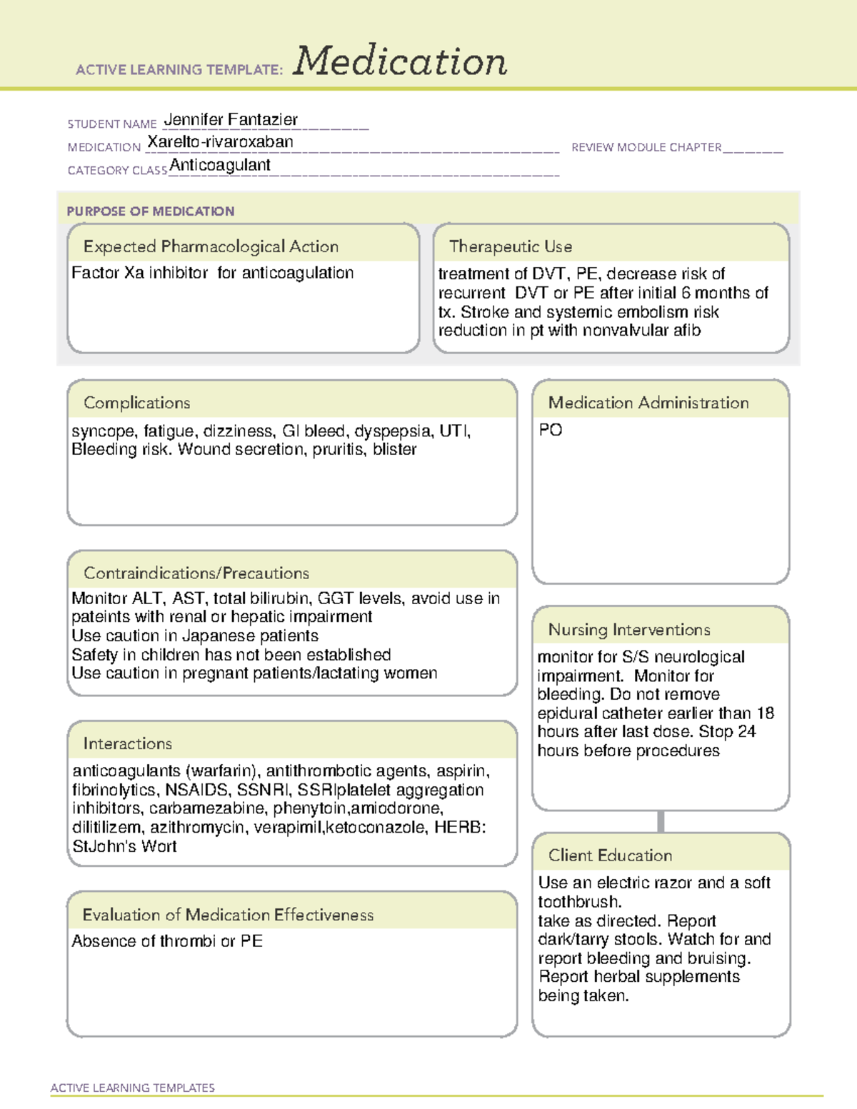Xarelto (Rivaroxaban) Active Learning Template and Guidelines - Studocu