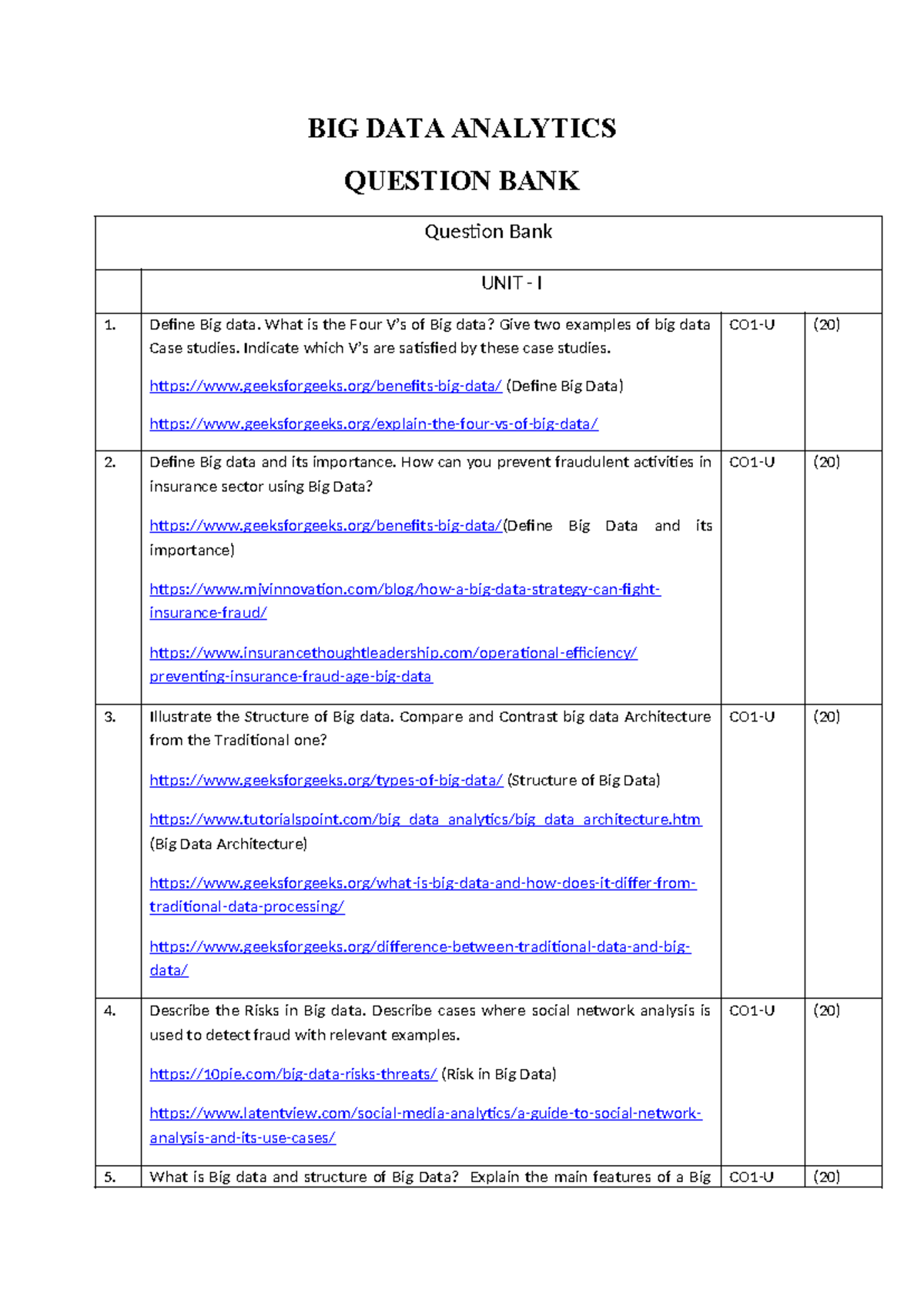 Big Data Analytics Question Bank - Unit I & II Overview - Studocu