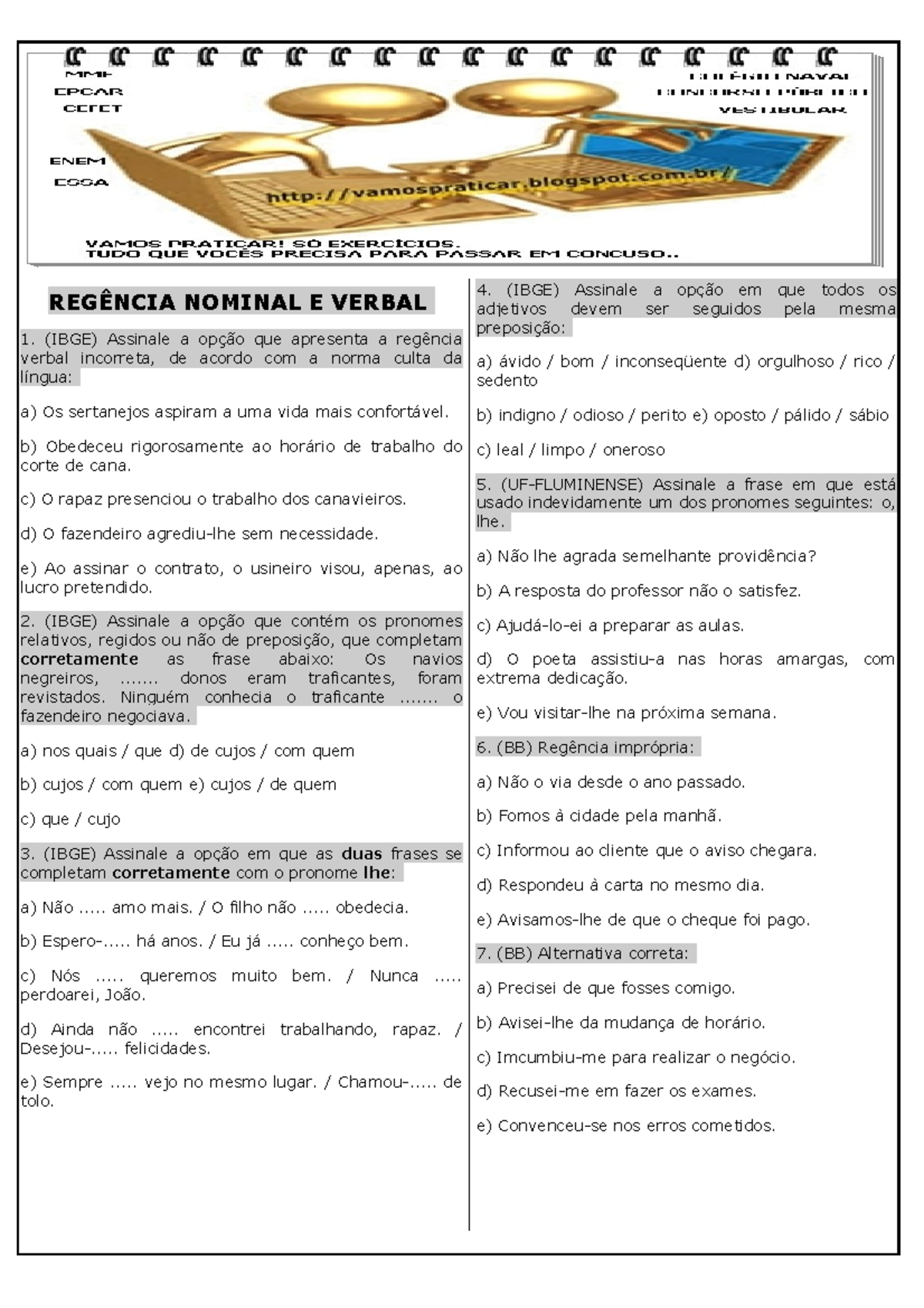 Exercícios de Regência Verbal e Nominal (Cód. 100) - Prática e ...