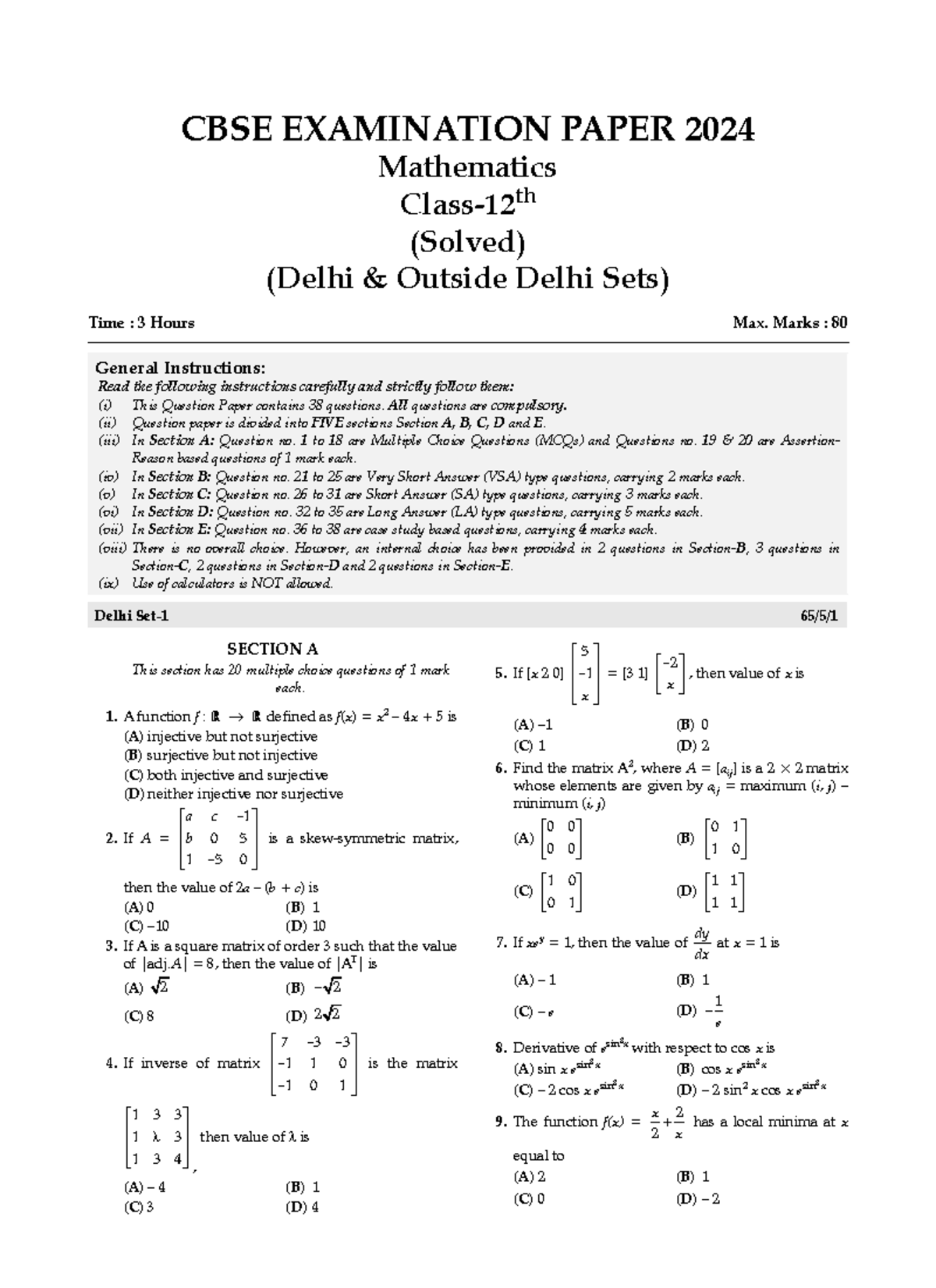 CBSE Math-12 Solved Paper 2024 (Delhi & Outside Delhi) - Studocu
